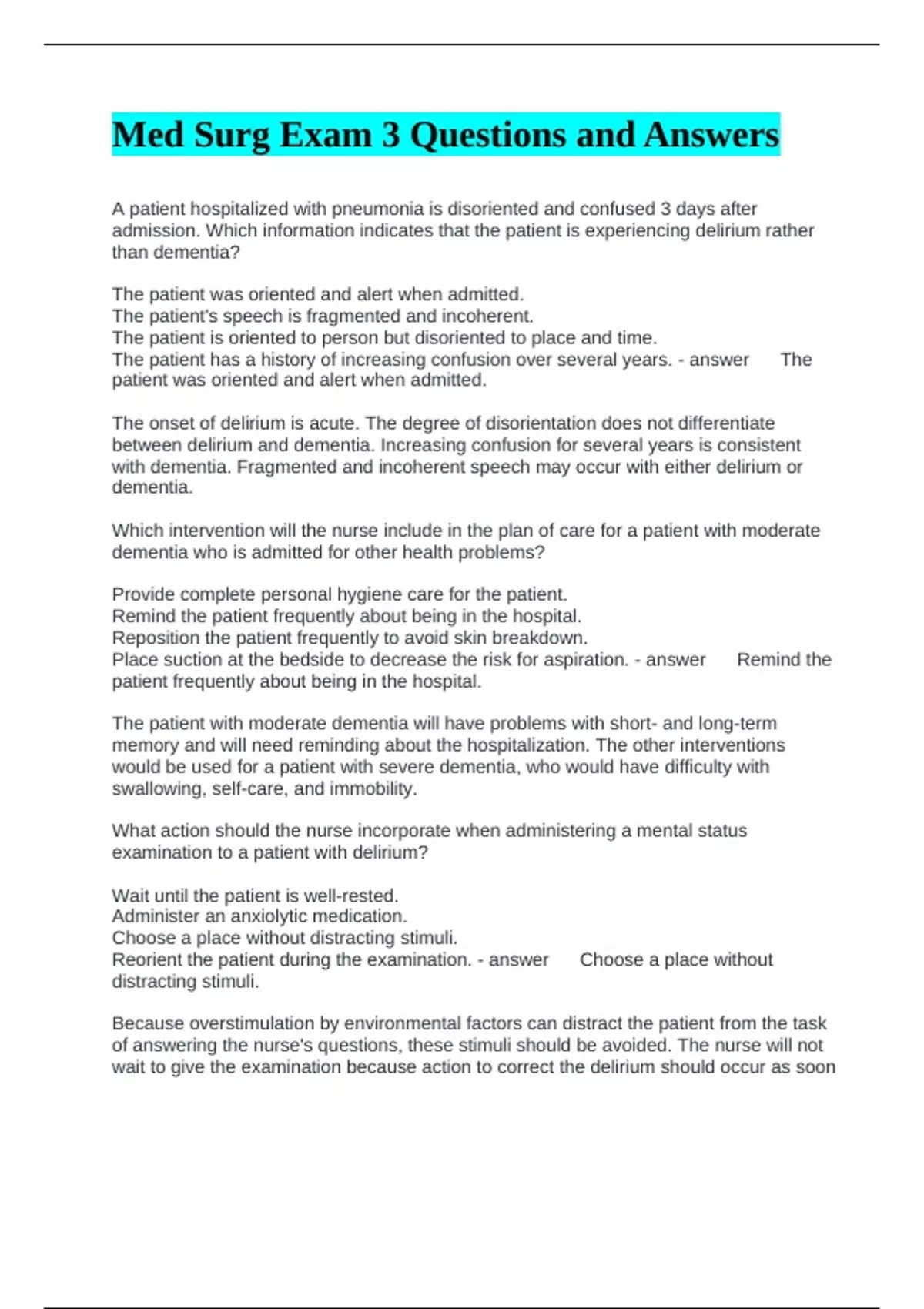 Med Surg Exam 3 Questions and Answers - MED SURG - Stuvia US