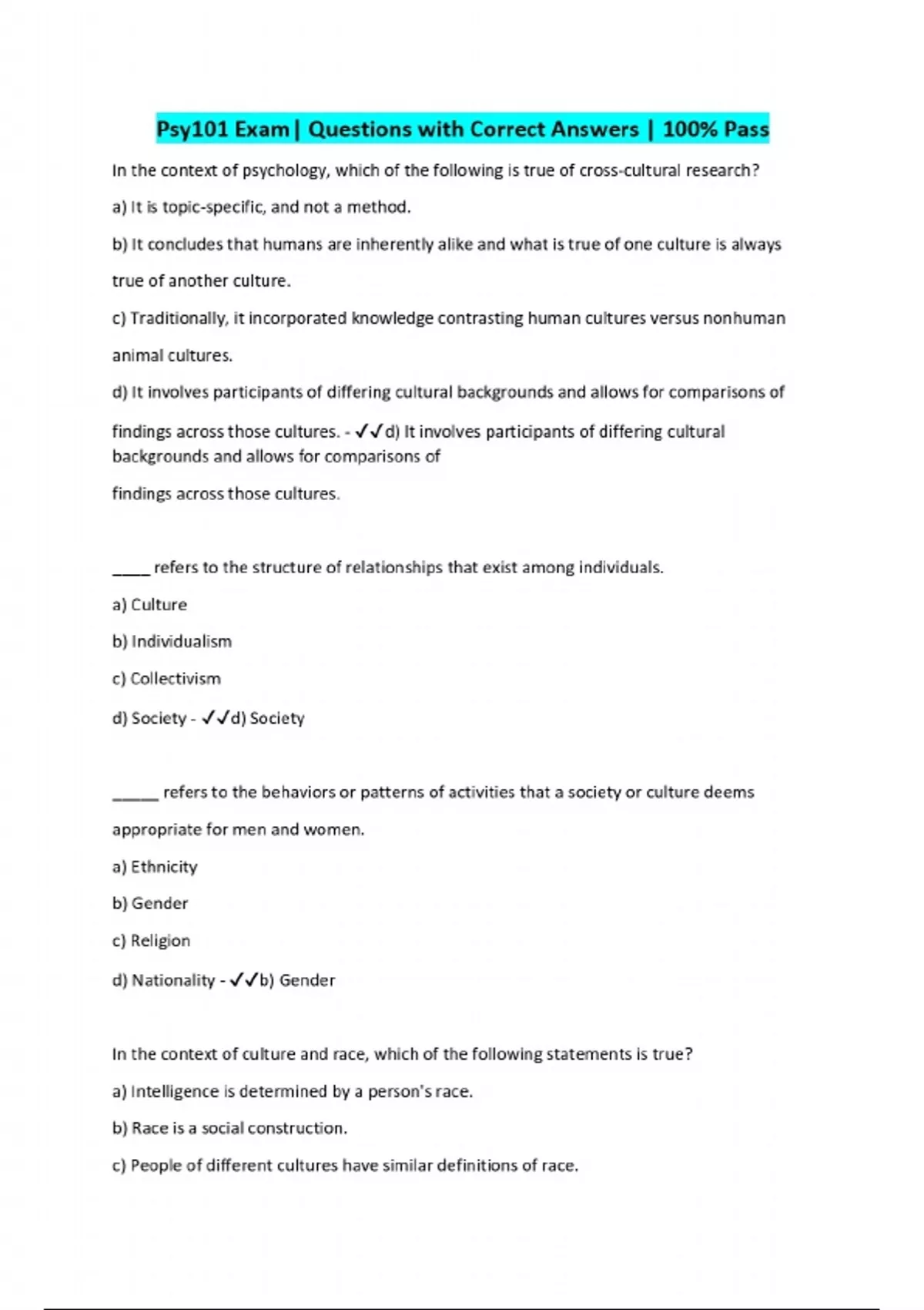Psy101 Exam| Questions with Correct Answers | 100% Pass - PSY 101 - Stuvia US