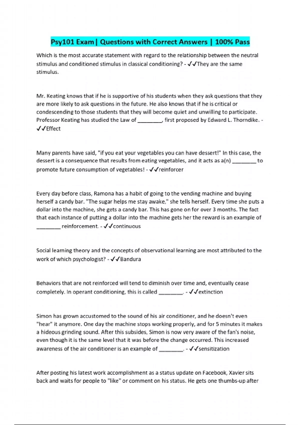 Psy101 Exam| Questions with Correct Answers | 100% Pass - PSY 101 - Stuvia US