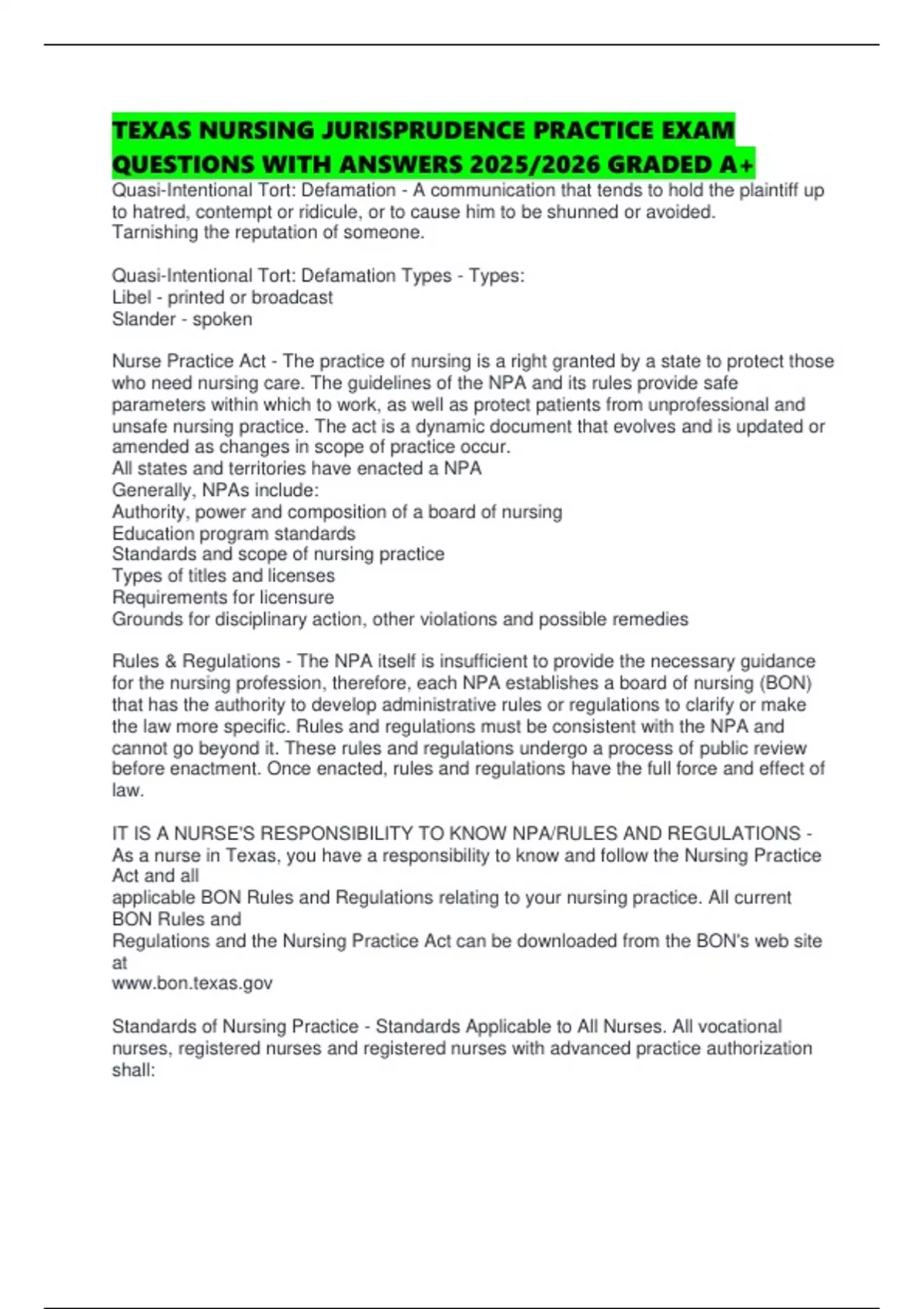 TEXAS NURSING JURISPRUDENCE PRACTICE EXAM QUESTIONS WITH ANSWERS 2025/ ...