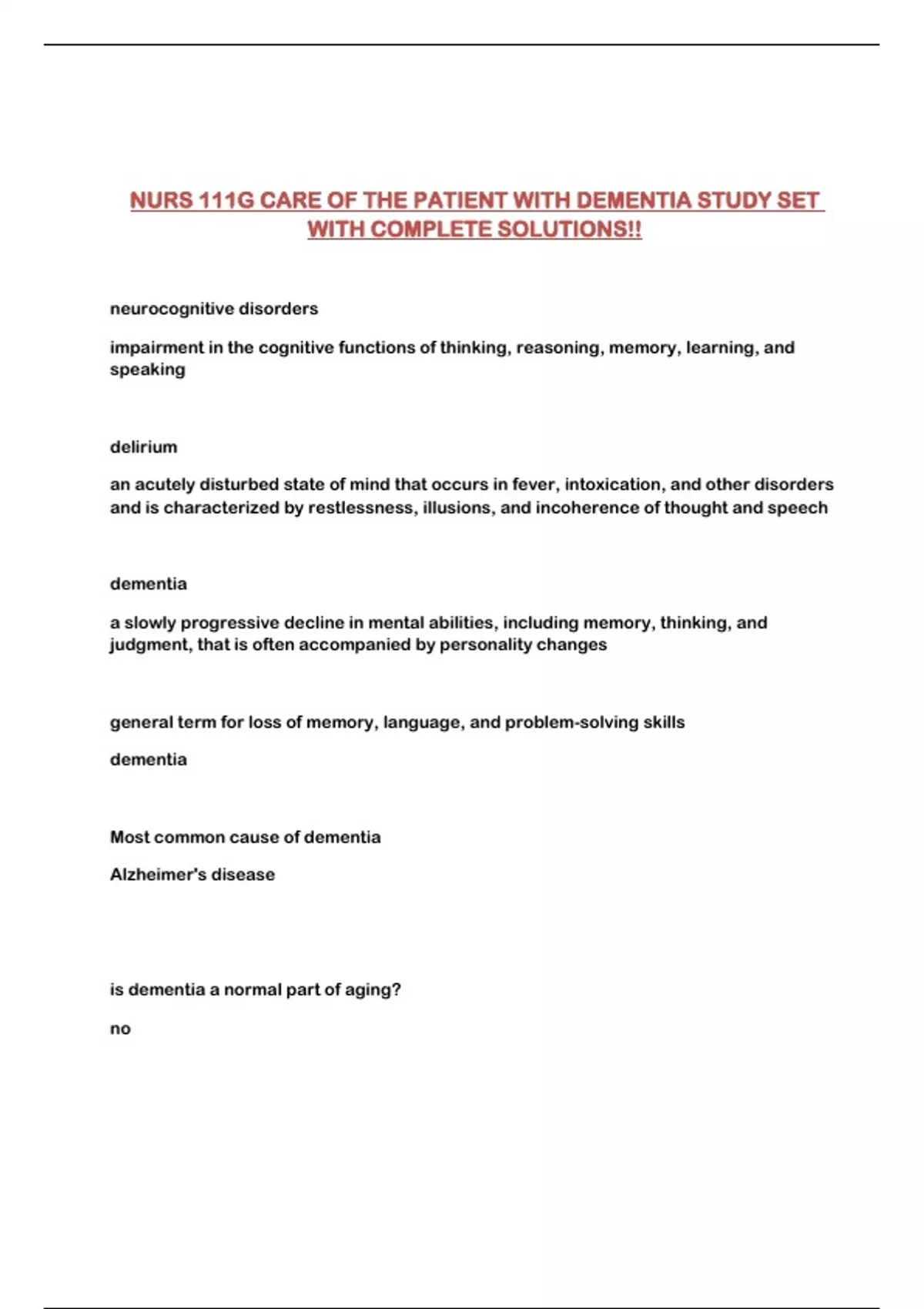NURS 111G CARE OF THE PATIENT WITH DEMENTIA STUDY SET WITH COMPLETE ...