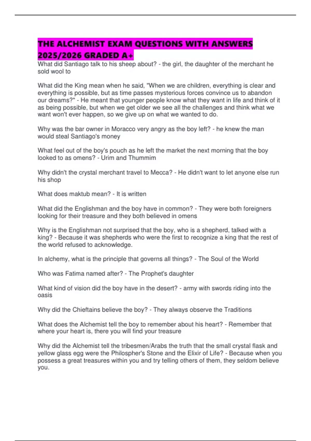 THE ALCHEMIST EXAM QUESTIONS WITH ANSWERS 2025/2026 GRADED A+ - THE ...