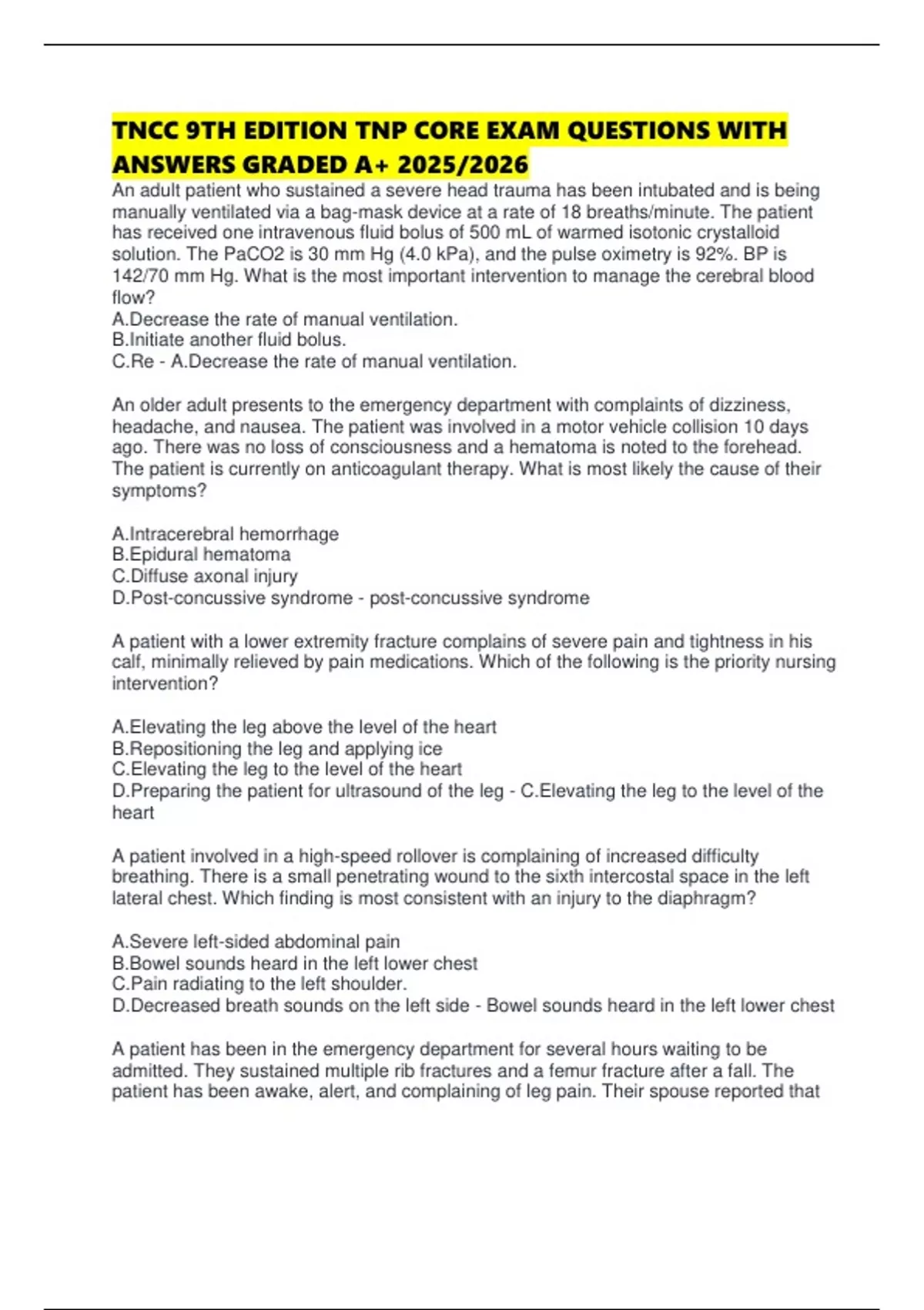 TNCC 9TH EDITION TNP CORE EXAM QUESTIONS WITH ANSWERS GRADED A+ 2025/ ...