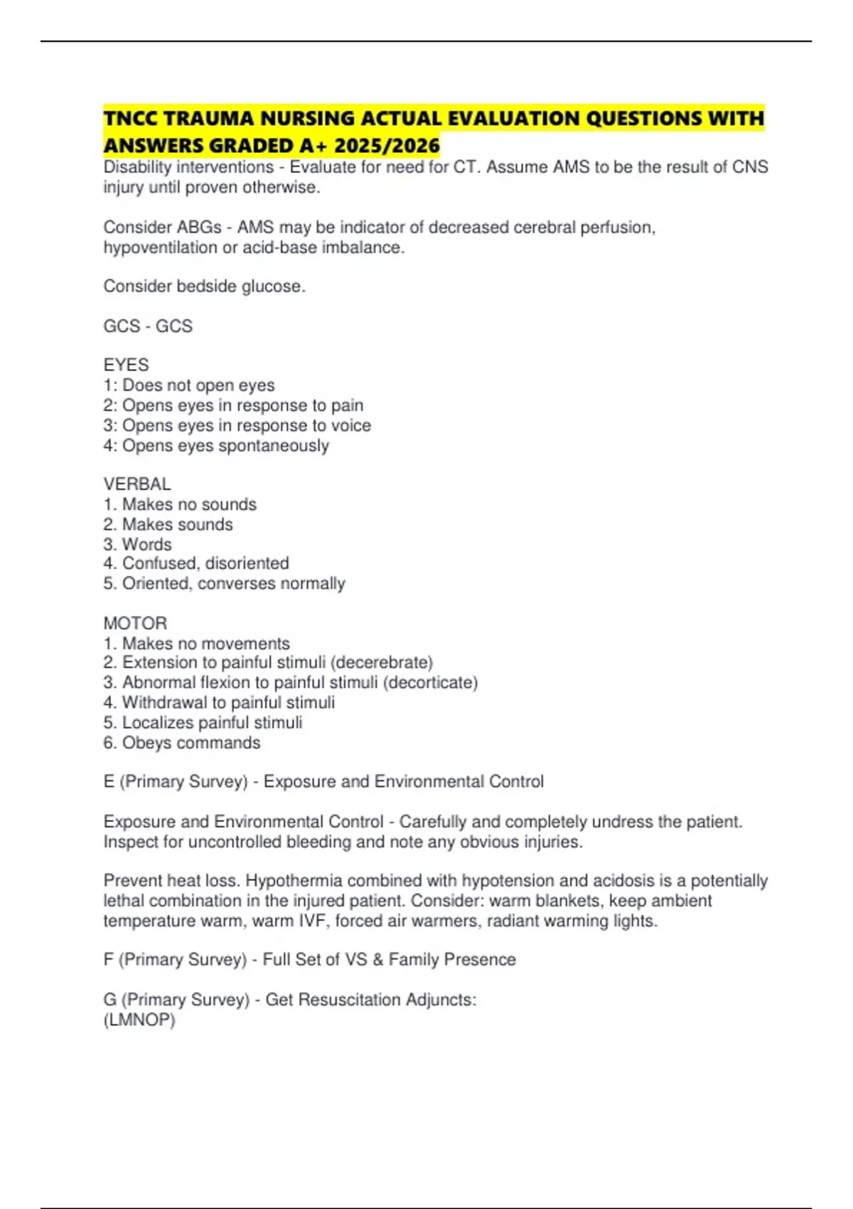 TNCC TRAUMA NURSING ACTUAL EVALUATION QUESTIONS WITH ANSWERS GRADED A+ ...