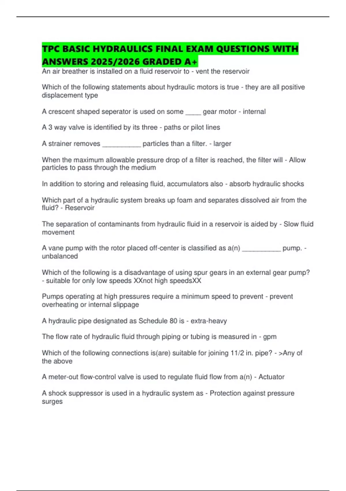 TPC BASIC HYDRAULICS FINAL EXAM QUESTIONS WITH ANSWERS 2025/2026 GRADED A+ - TPC BASIC ...