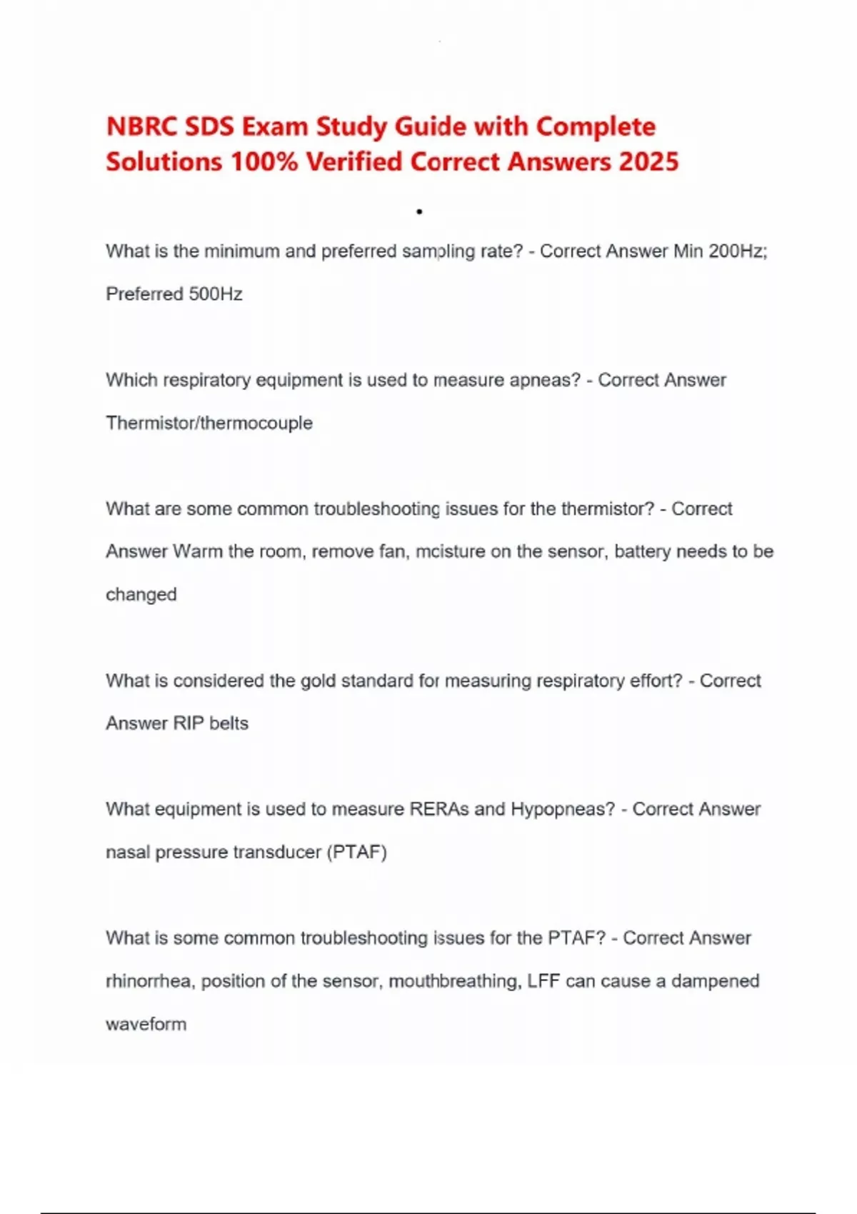 NBRC SDS Exam Study Guide with Complete Solutions 100% Verified Correct ...