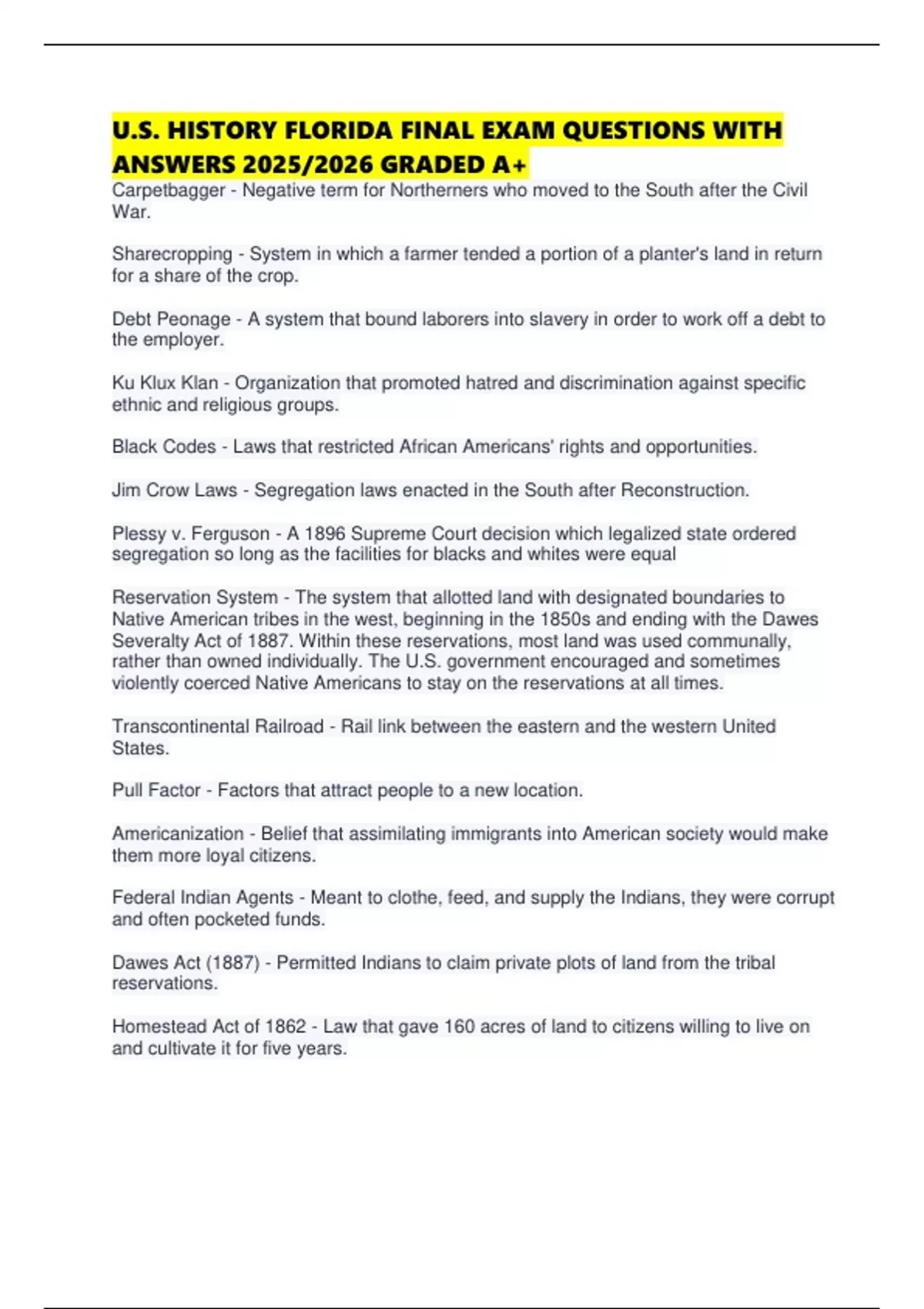 U.S. HISTORY FLORIDA FINAL EXAM QUESTIONS WITH ANSWERS 2025/2026 GRADED ...