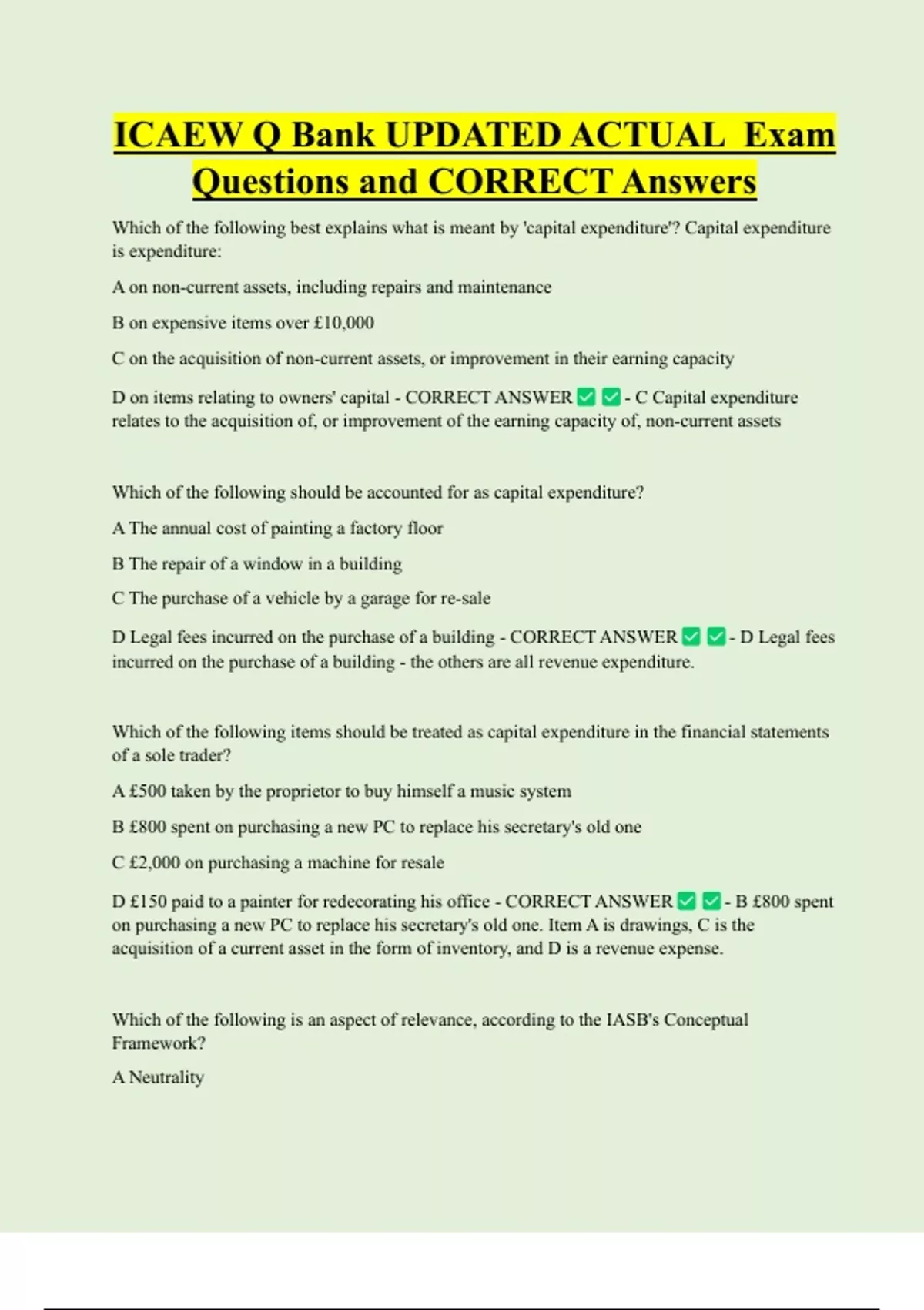 ICAEW Q Bank UPDATED ACTUAL Exam Questions and CORRECT Answers - ICAEW ...