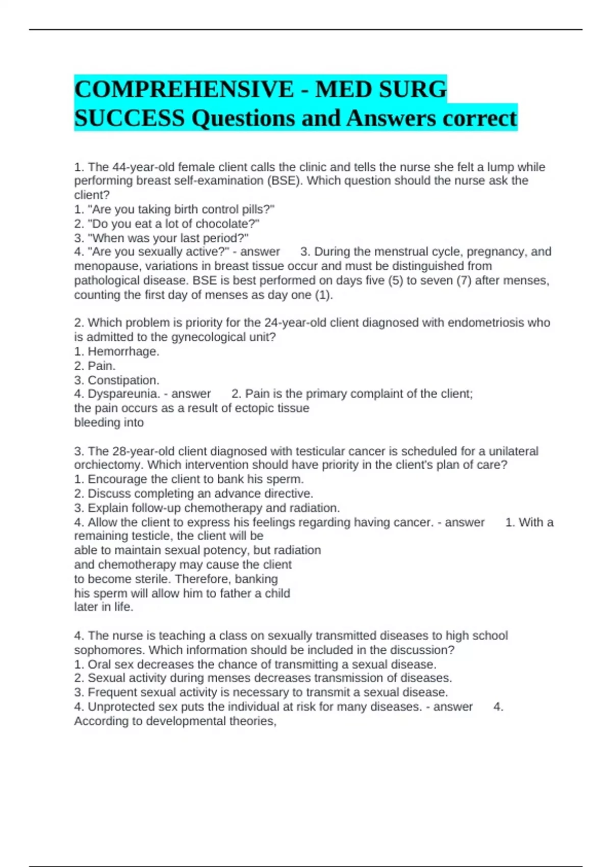 COMPREHENSIVE - MED SURG SUCCESS Questions and Answers correct - MED ...