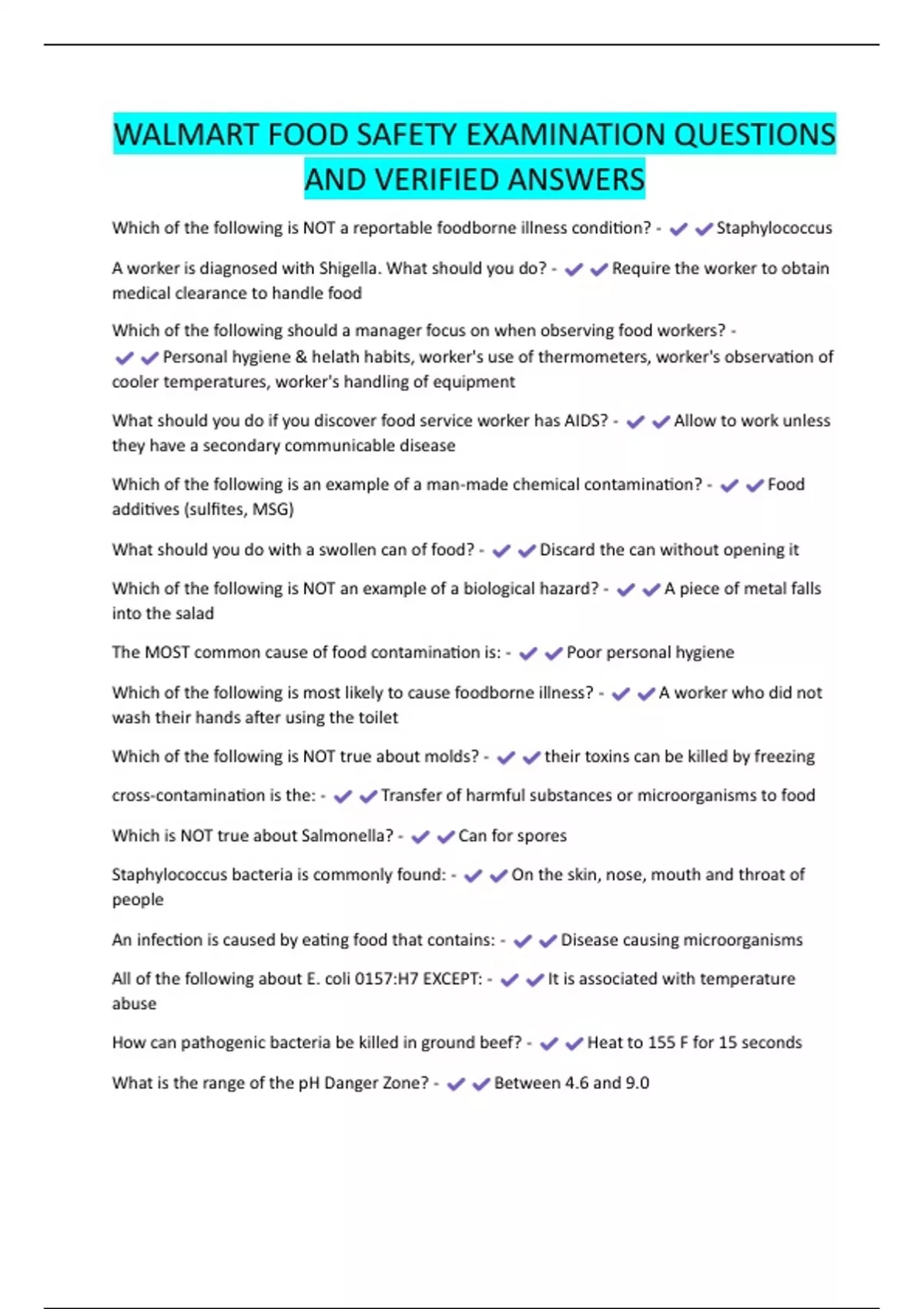 WALMART FOOD SAFETY EXAMINATION QUESTIONS AND VERIFIED ANSWERS ...