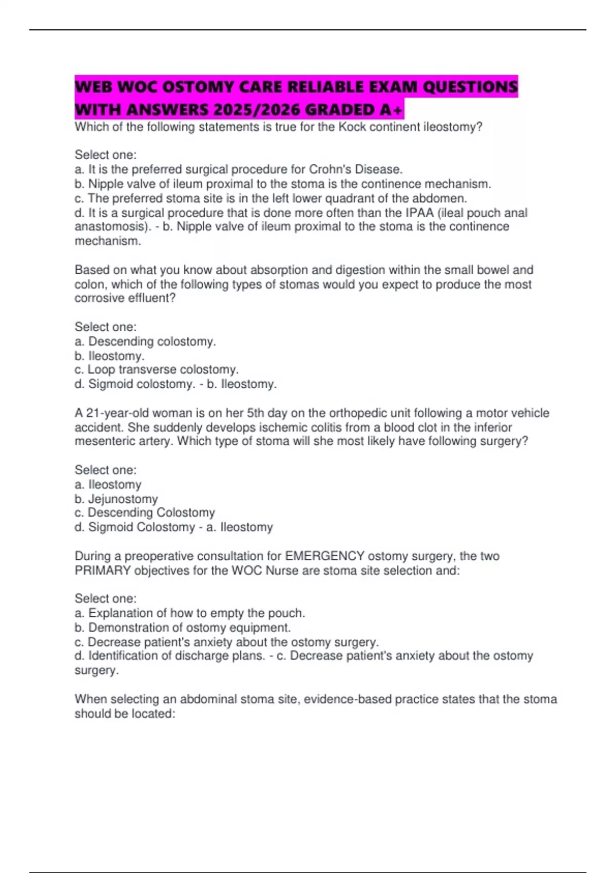 WEB WOC OSTOMY CARE RELIABLE EXAM QUESTIONS WITH ANSWERS 2025/2026 ...