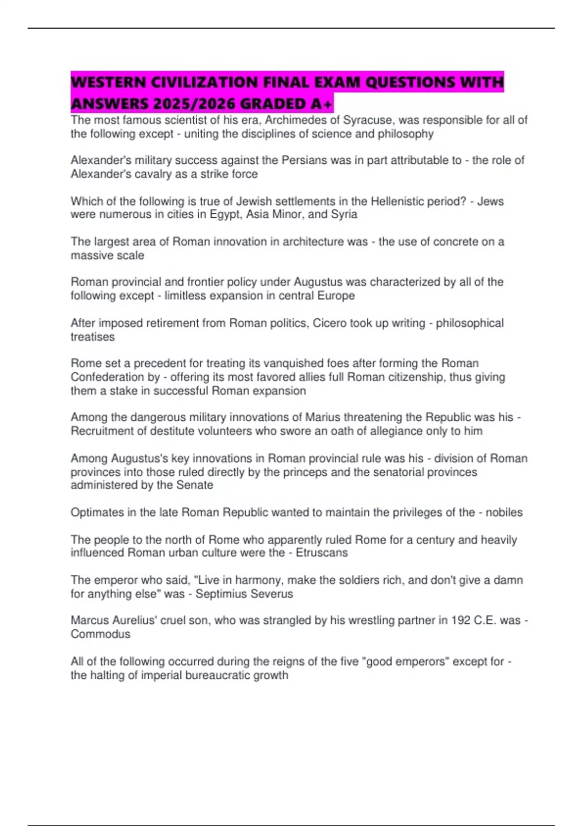 WESTERN CIVILIZATION FINAL EXAM QUESTIONS WITH ANSWERS 2025/2026 GRADED ...