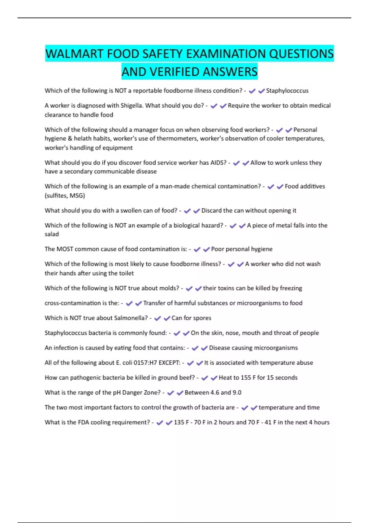 WALMART FOOD SAFETY EXAMINATION QUESTIONS AND VERIFIED ANSWERS ...