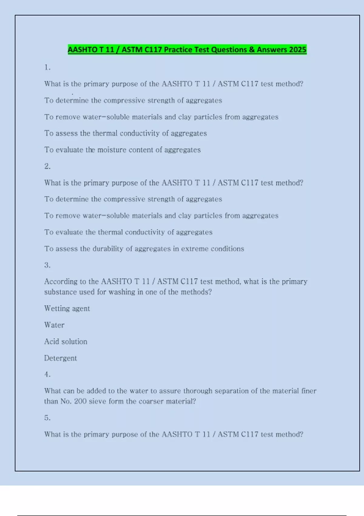 AASHTO T 11 / ASTM C117 Practice Test Questions & Answers 2025 - AASHTO ...