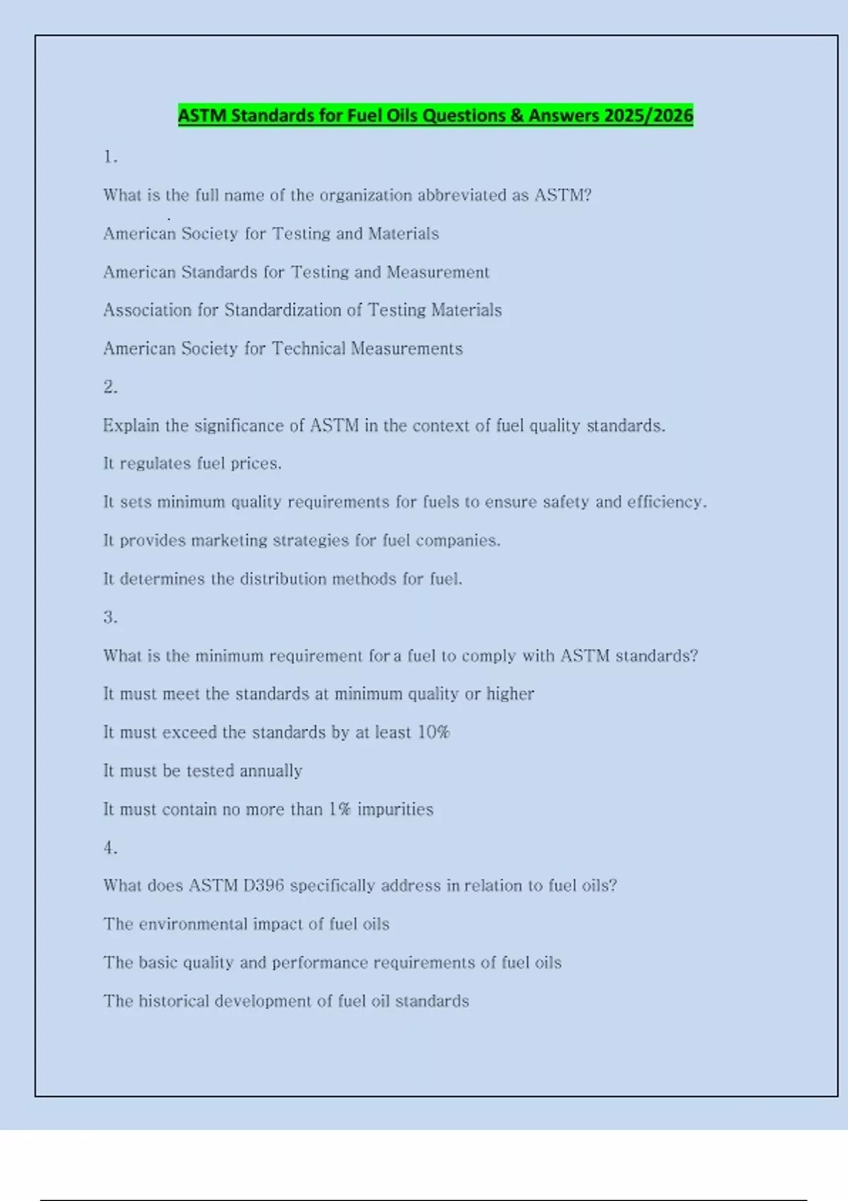 ASTM Standards for Fuel Oils Questions & Answers 2025/2026 - ASTM ...
