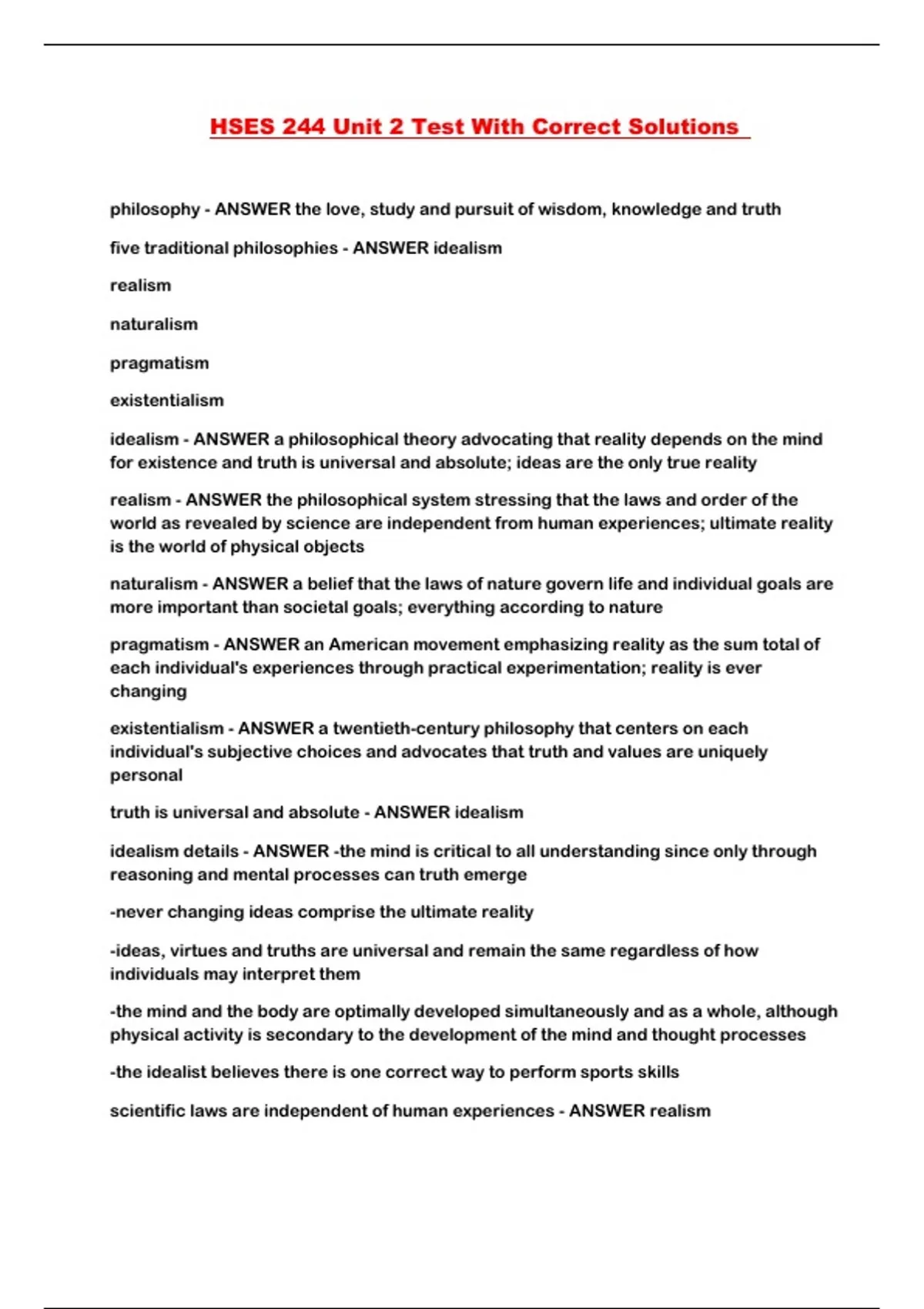 HSES 244 Unit 2 Test With Correct Solutions - HSES 244 - Stuvia US