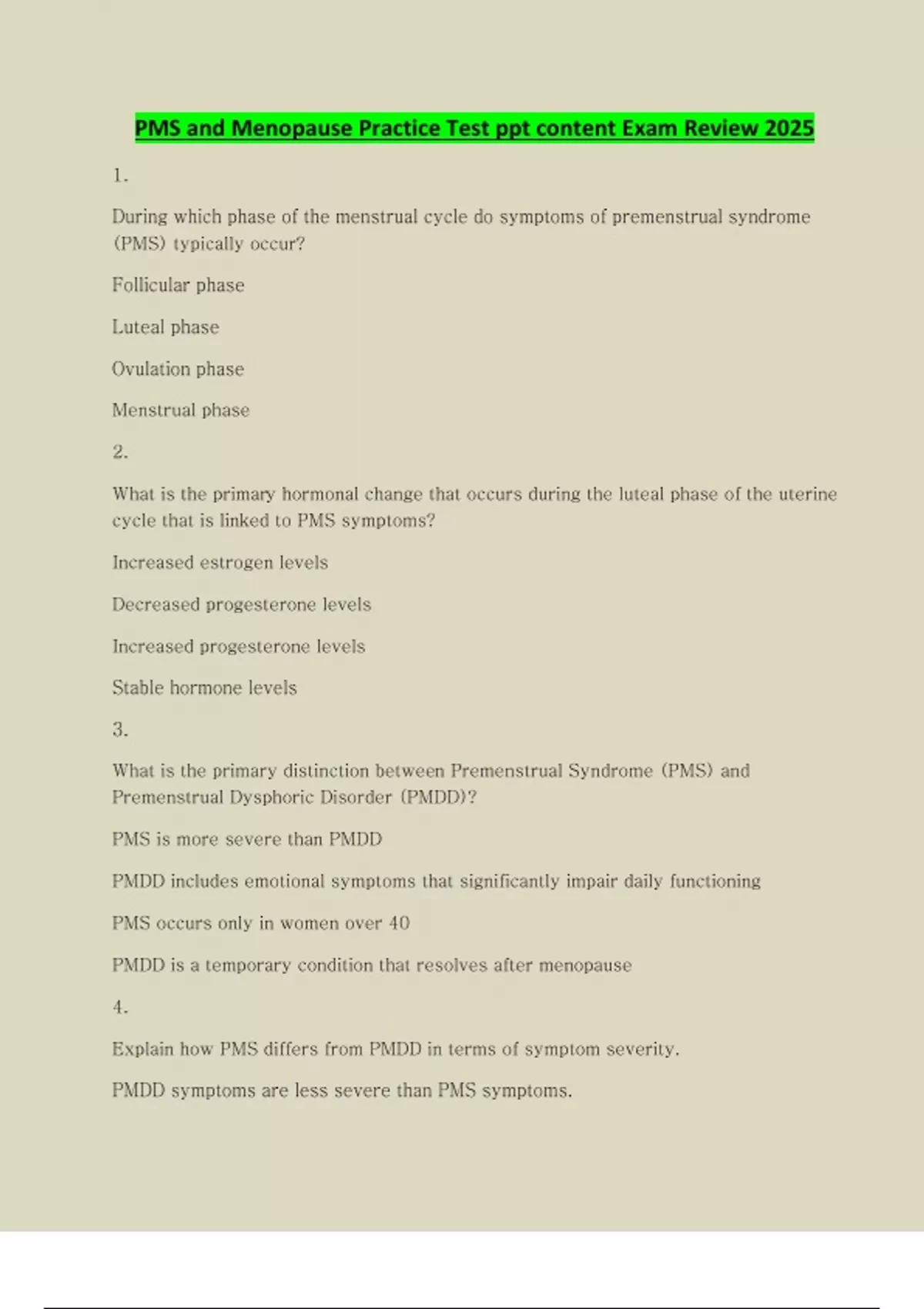 PMS and Menopause Practice Test ppt content Exam Review 2025 - PMS and ...