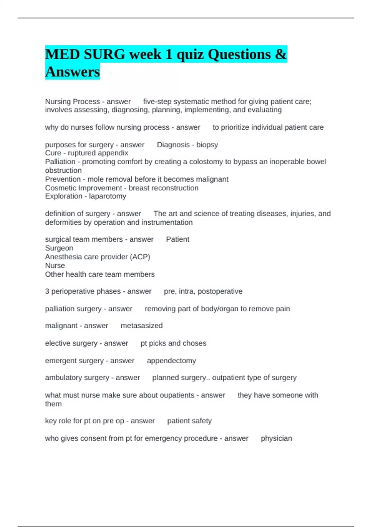 MED SURG week 1 quiz Questions & Answers - MED SURG - Stuvia US