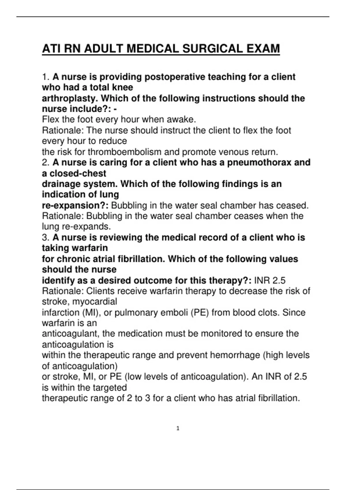 ATI RN ADULT MEDICAL SURGICAL EXAM - ATI Adult medical Surgical - Stuvia US