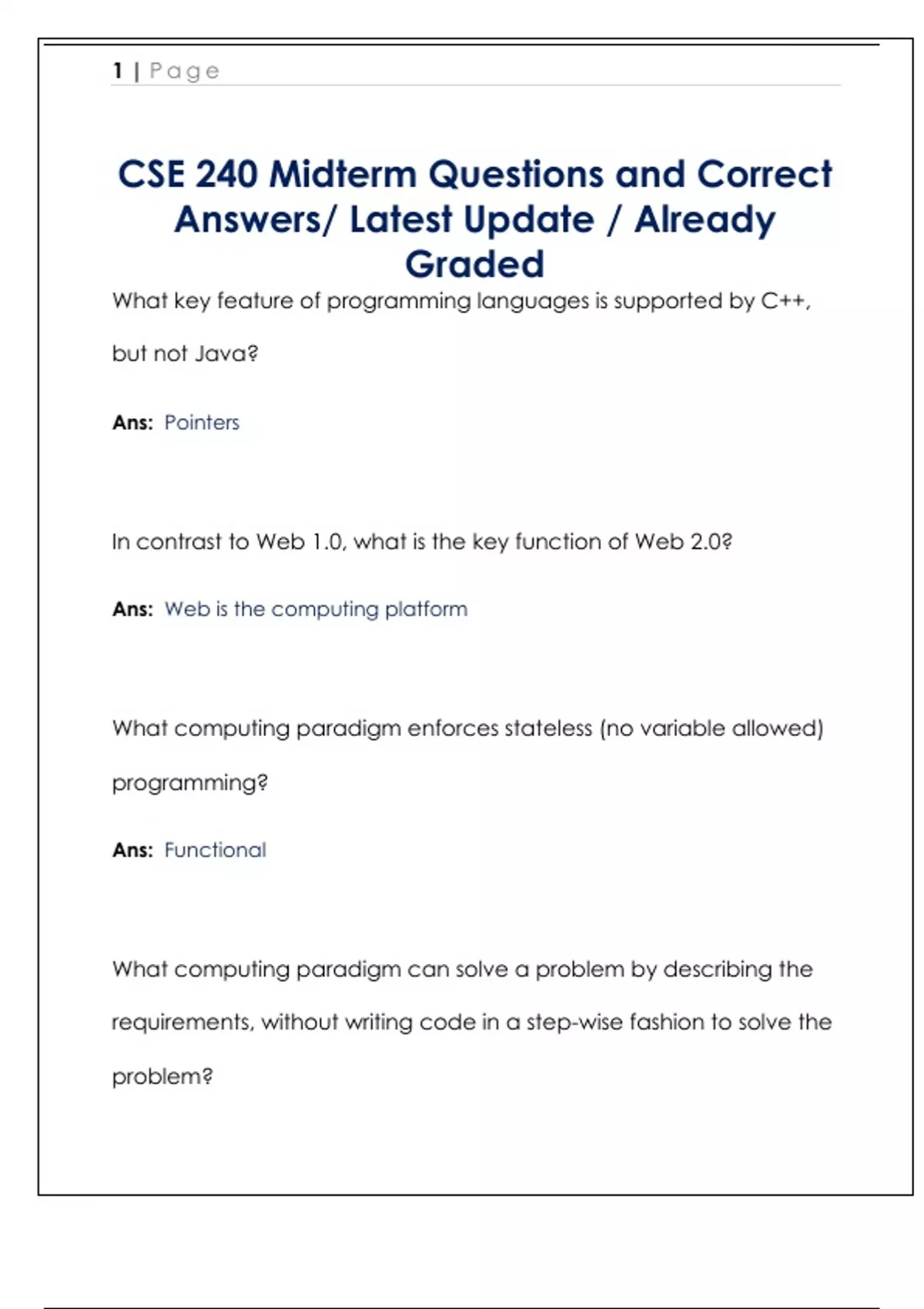 CSE 240 Midterm Questions and Correct Answers/ Latest Update / Already ...