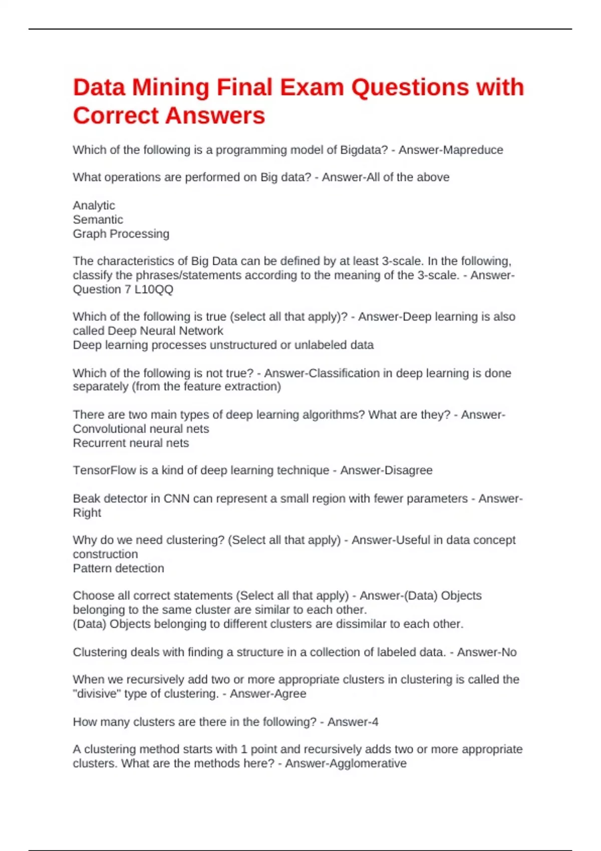 Data Mining Final Exam Questions with Correct Answers - Data Mining - Stuvia US