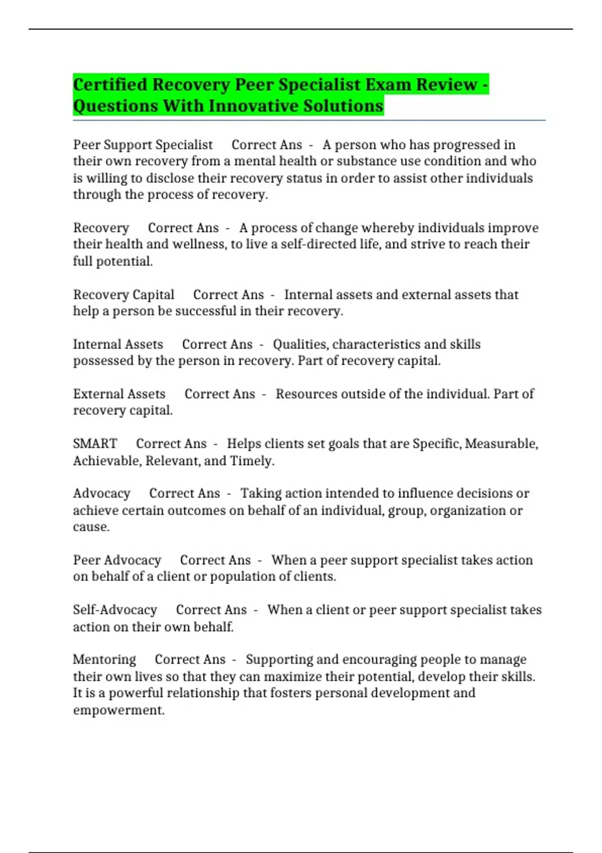 Certified Recovery Peer Specialist Exam Review - Questions With ...