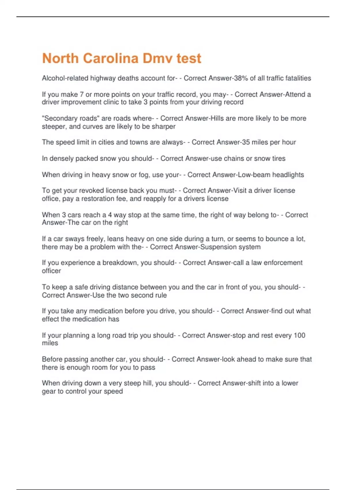 North Carolina Dmv test questions and answers all are correct 2025 ...