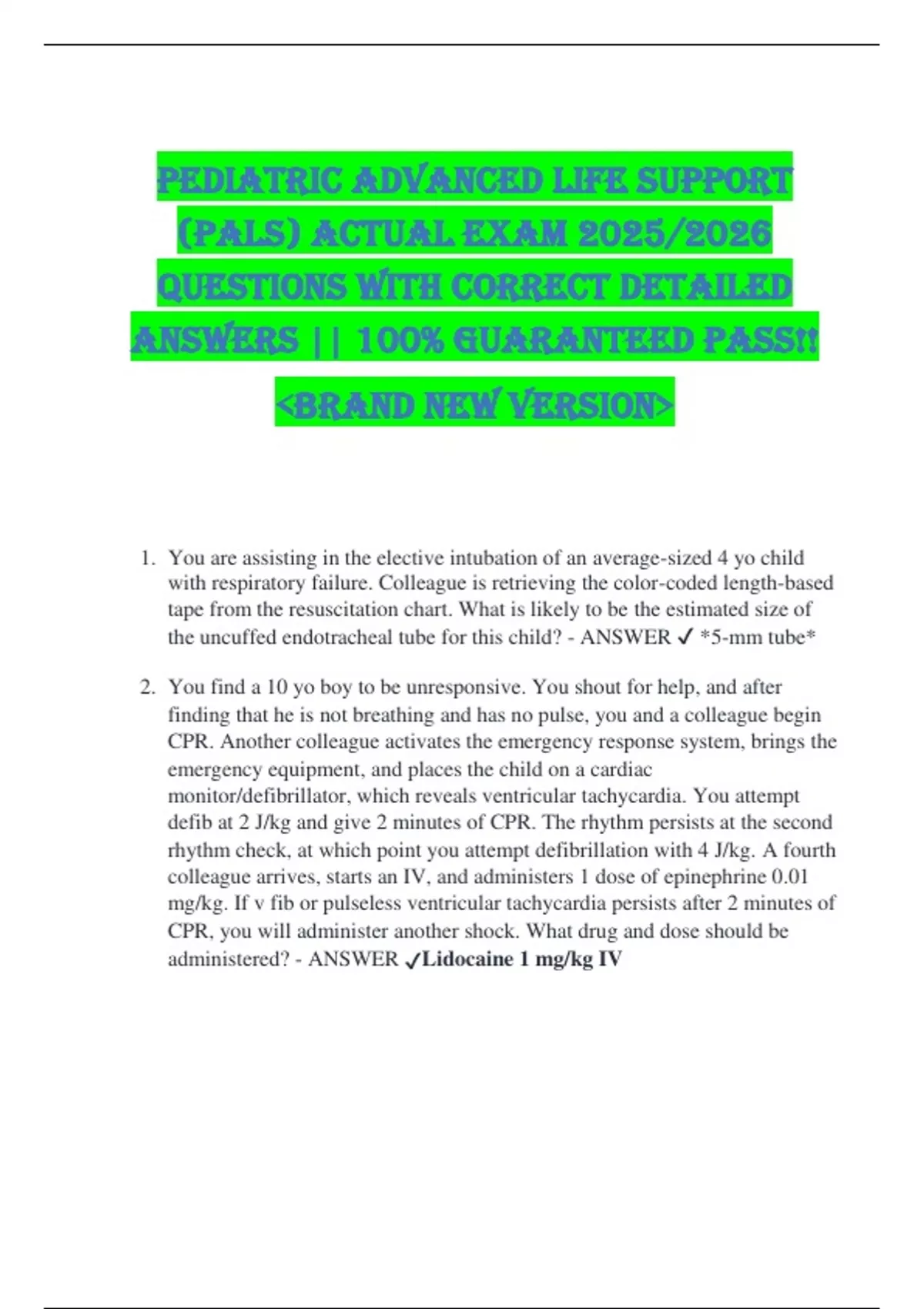 Pediatric Advanced Life Support (PALS) ACTUAL EXAM 2025/2026 QUESTIONS ...