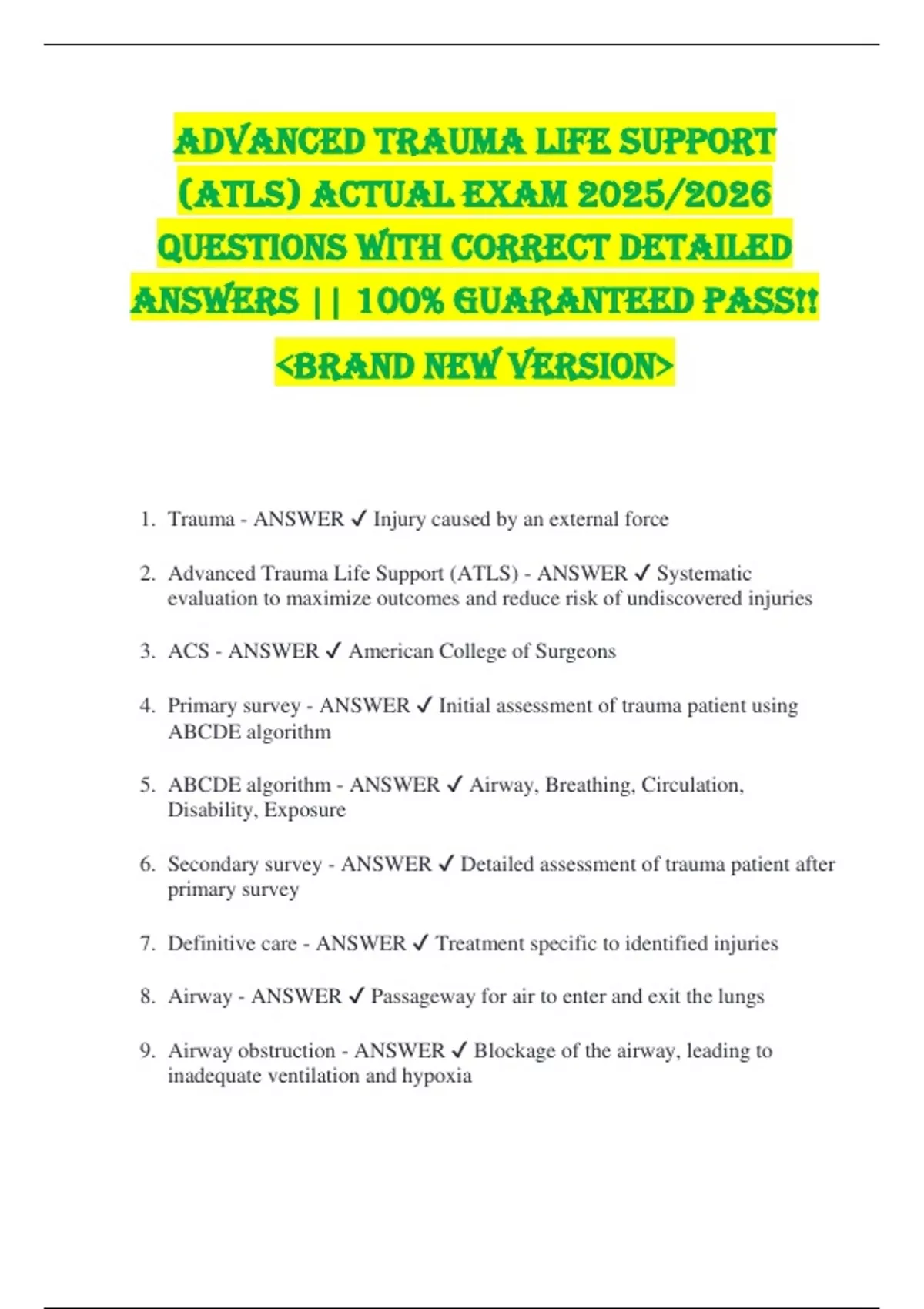 Advanced Trauma Life Support (ATLS) ACTUAL EXAM 2025/2026 QUESTIONS ...