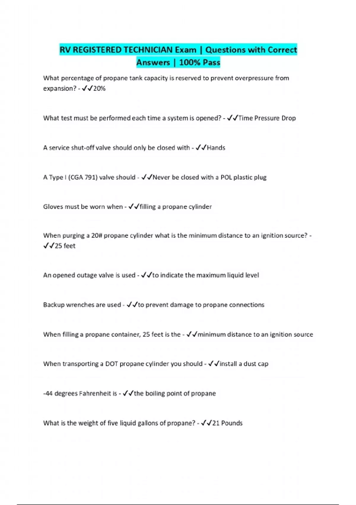 RV REGISTERED TECHNICIAN Exam | Questions with Correct Answers | 100% ...