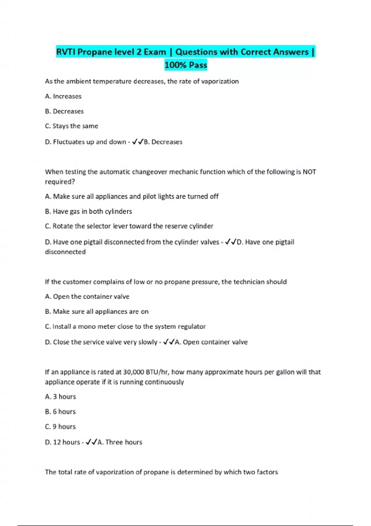 RVTI Propane level 2 Exam | Questions with Correct Answers | 100% Pass ...