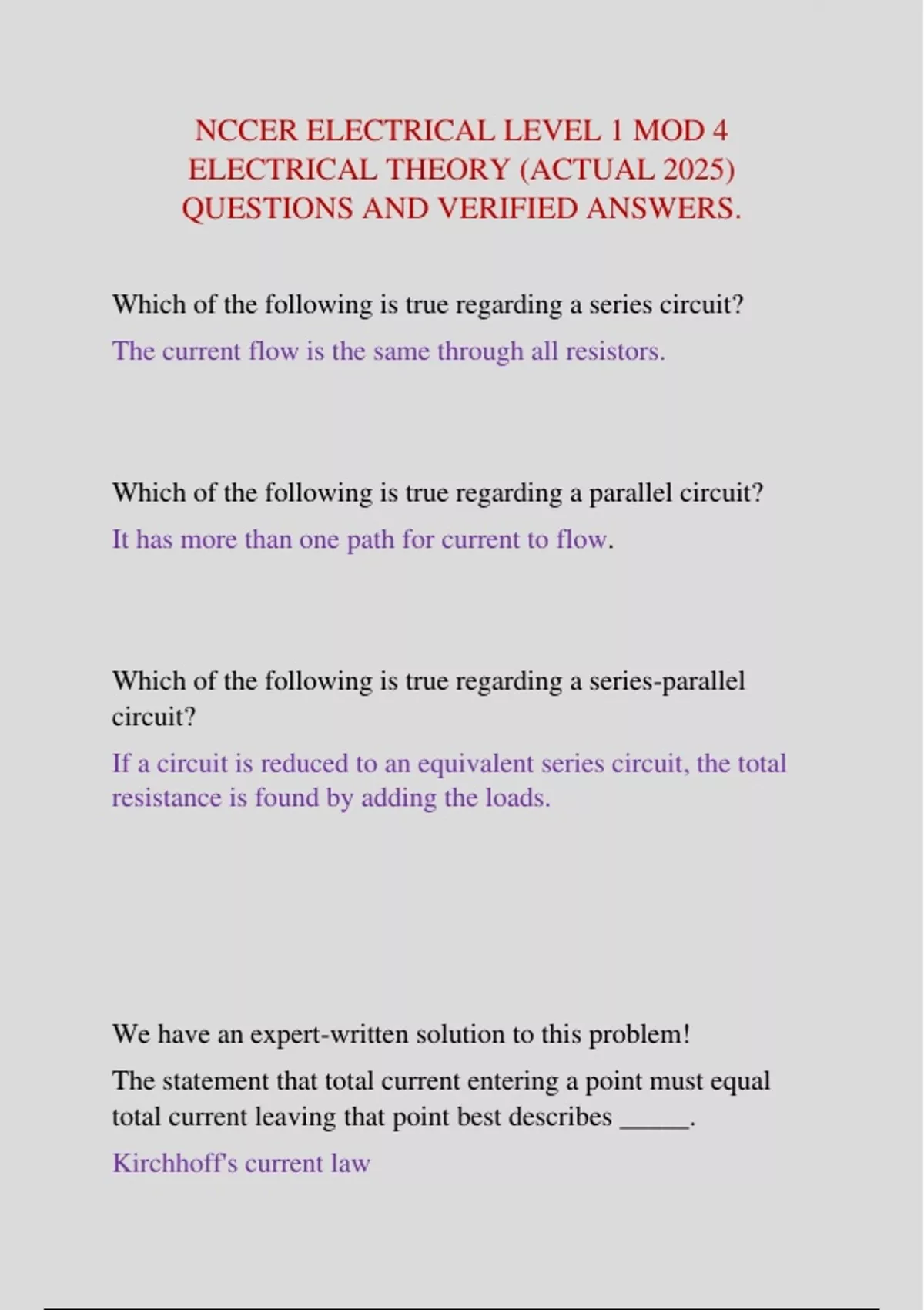 NCCER ELECTRICAL LEVEL 1 MOD 4 ELECTRICAL THEORY (ACTUAL 2025 ...