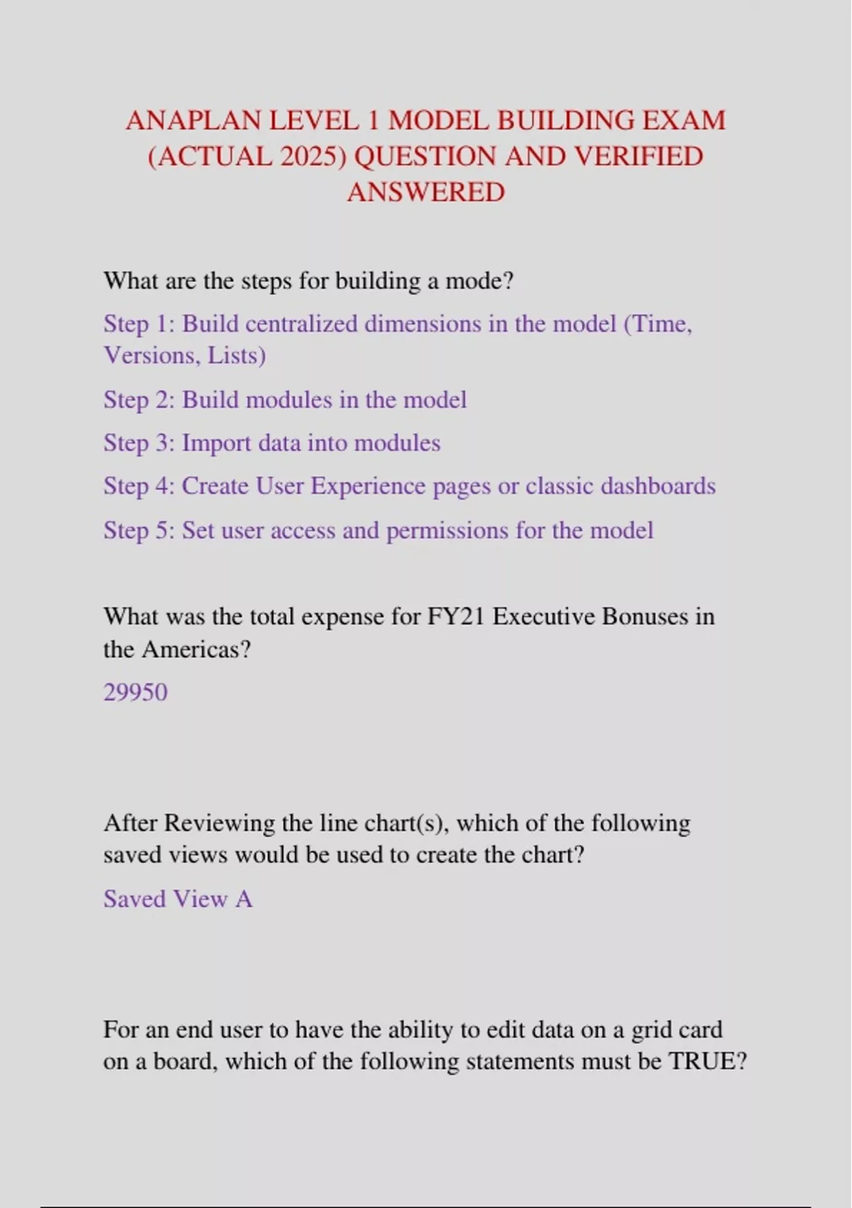 ANAPLAN LEVEL 1 MODEL BUILDING EXAM (ACTUAL 2025/2026) QUESTION AND ...