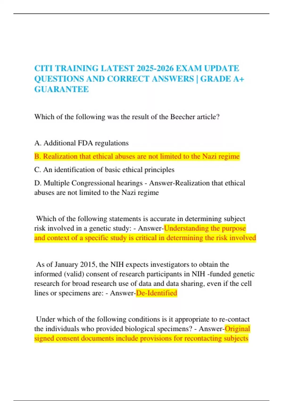 CITI TRAINING LATEST EXAM UPDATE QUESTIONS AND CORRECT ANSWERS | GRADE ...