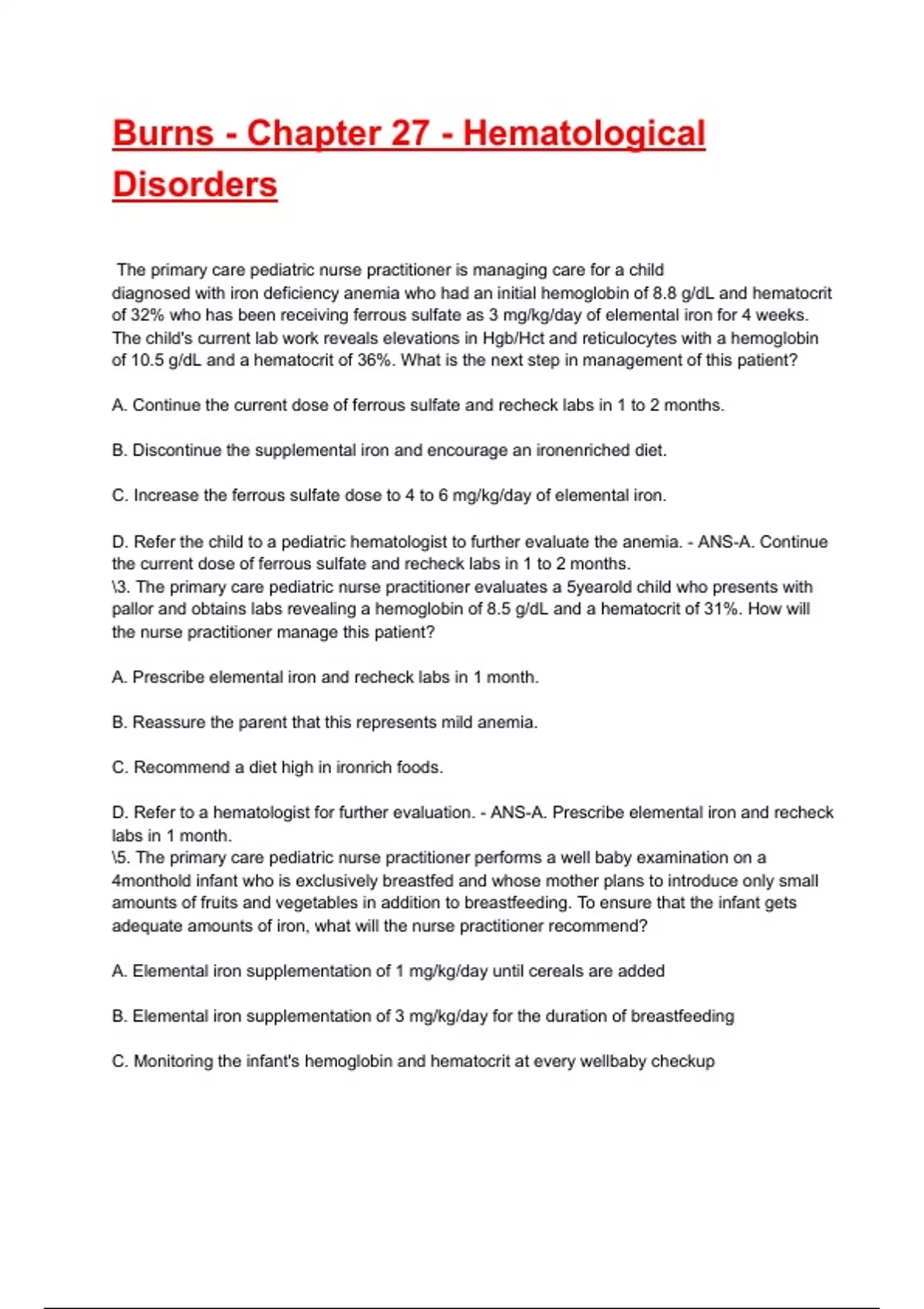 Burns - Chapter 27 - Hematological Disorders Test Bank 2025/2026 ...