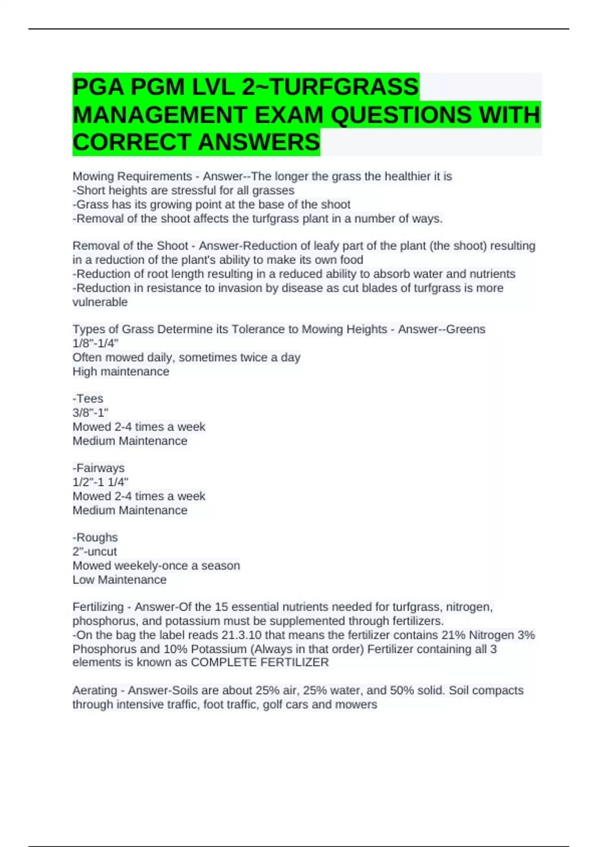 PGA PGM LVL 2~TURFGRASS MANAGEMENT EXAM QUESTIONS WITH CORRECT ANSWERS ...