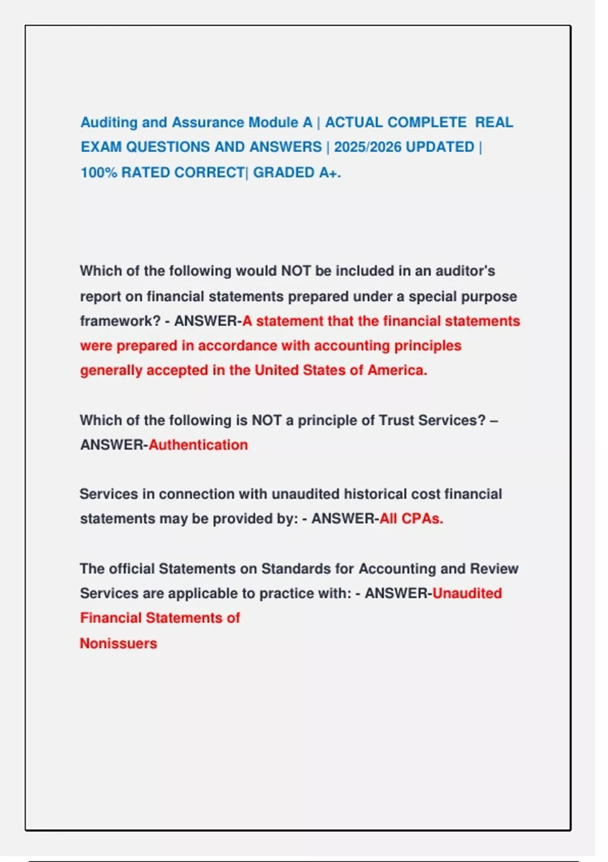 Auditing and Assurance Module A | ACTUAL COMPLETE REAL EXAM QUESTIONS ...