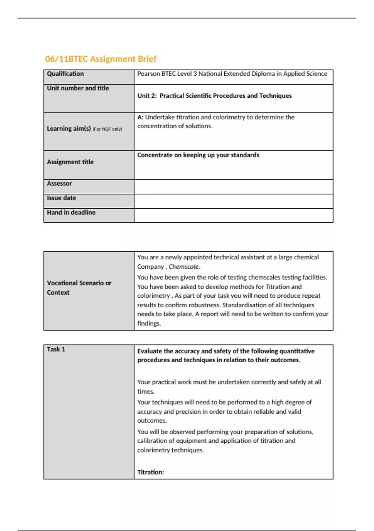 Summary ASSIGNMENT 2A BTEC APPLIED SCIENCE D*D*D* - Unit 2- Practical ...