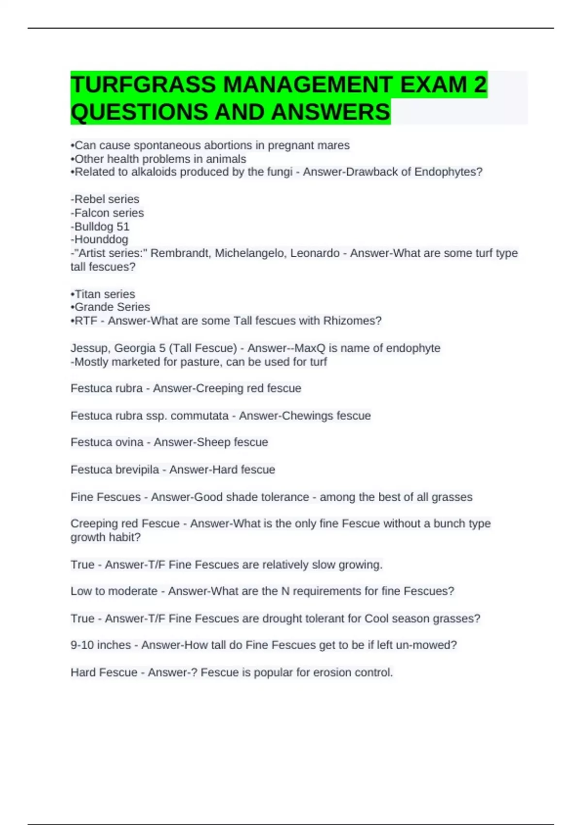 TURFGRASS MANAGEMENT EXAM 2 QUESTIONS AND ANSWERS - Environmental Turf ...