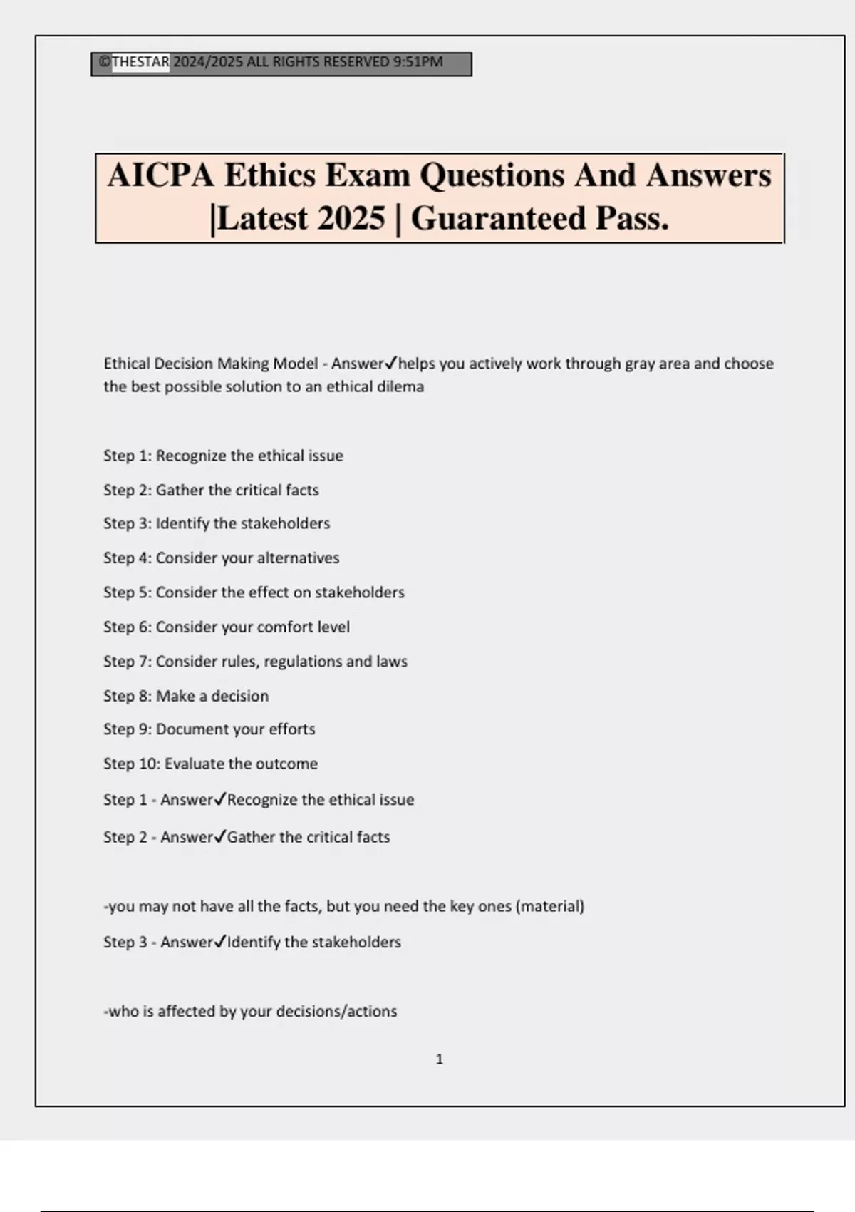 AICPA Ethics Exam Questions And Answers |Latest 2025 | Guaranteed Pass ...