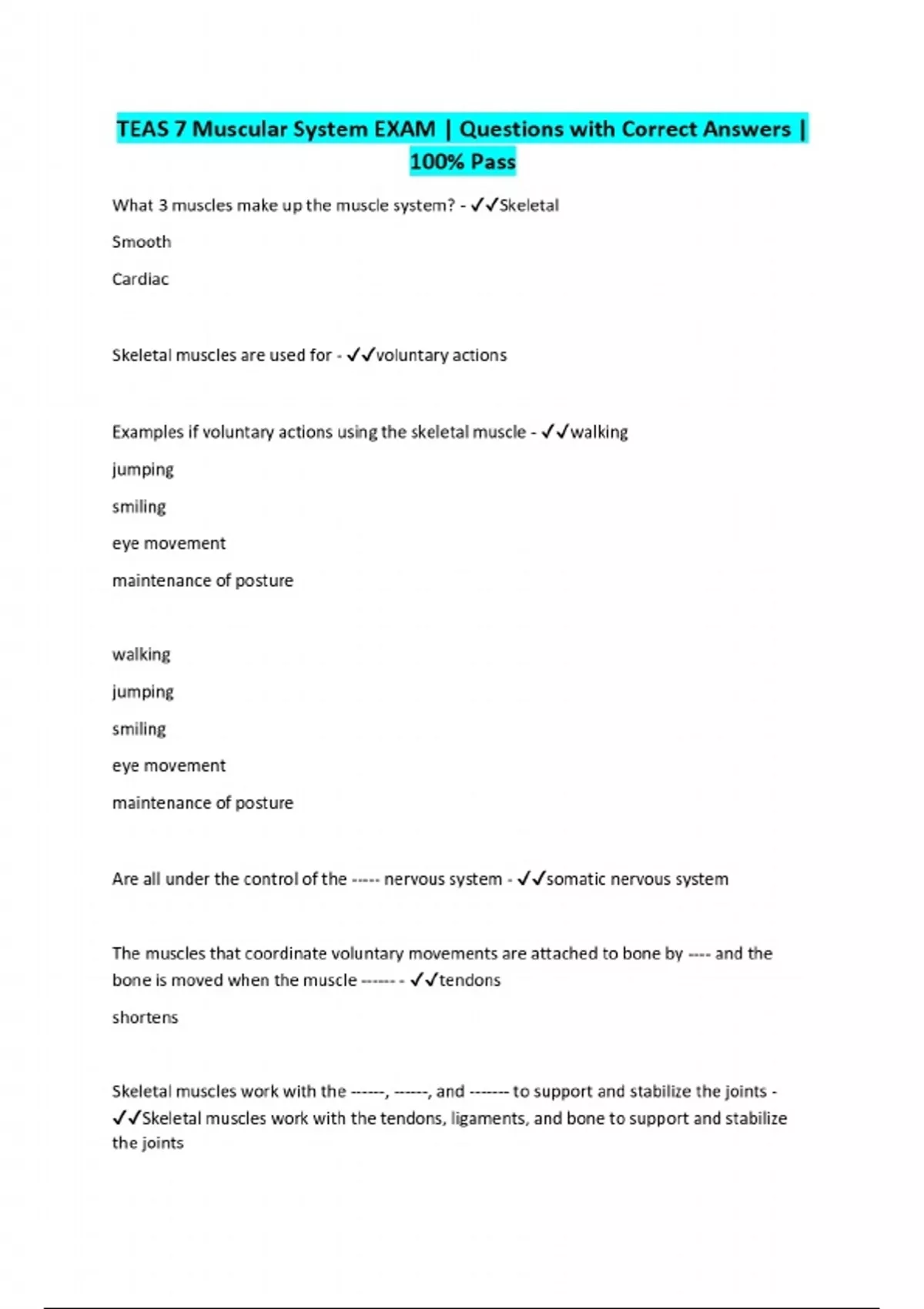 TEAS 7 Muscular System EXAM | Questions with Correct Answers | 100% ...