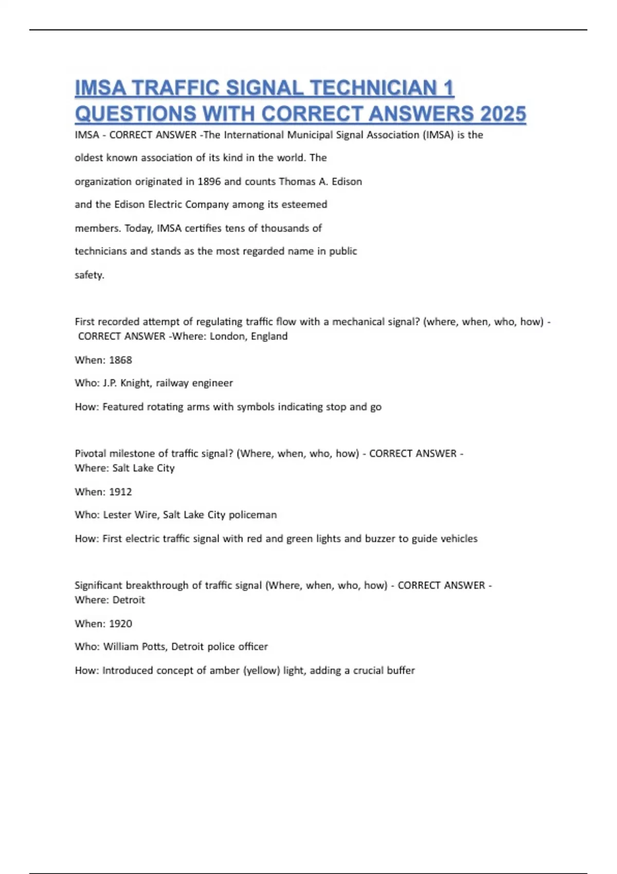 IMSA TRAFFIC SIGNAL TECHNICIAN 1 QUESTIONS WITH CORRECT ANSWERS 2025 ...
