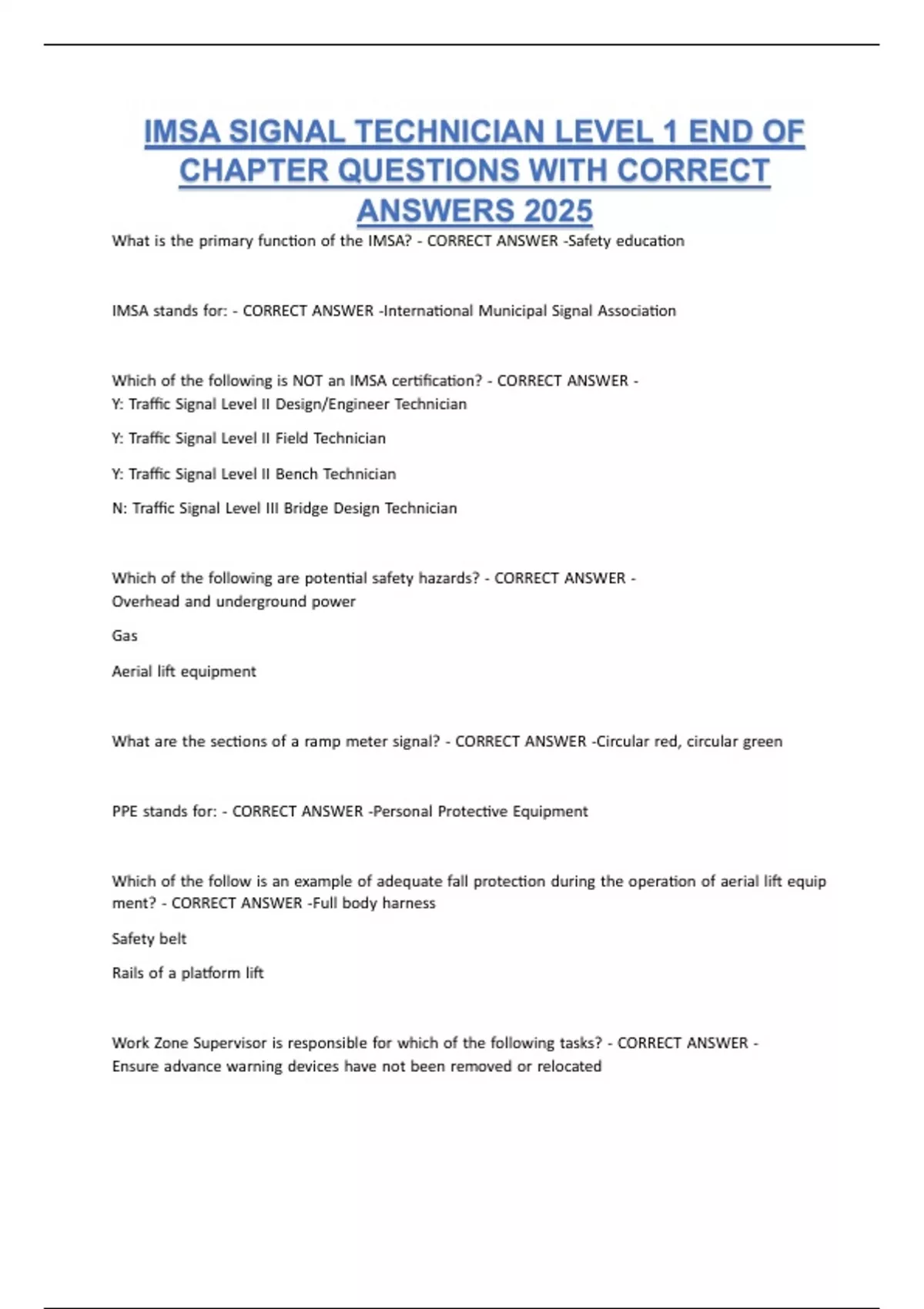 IMSA SIGNAL TECHNICIAN LEVEL 1 END OF CHAPTER QUESTIONS WITH CORRECT ...