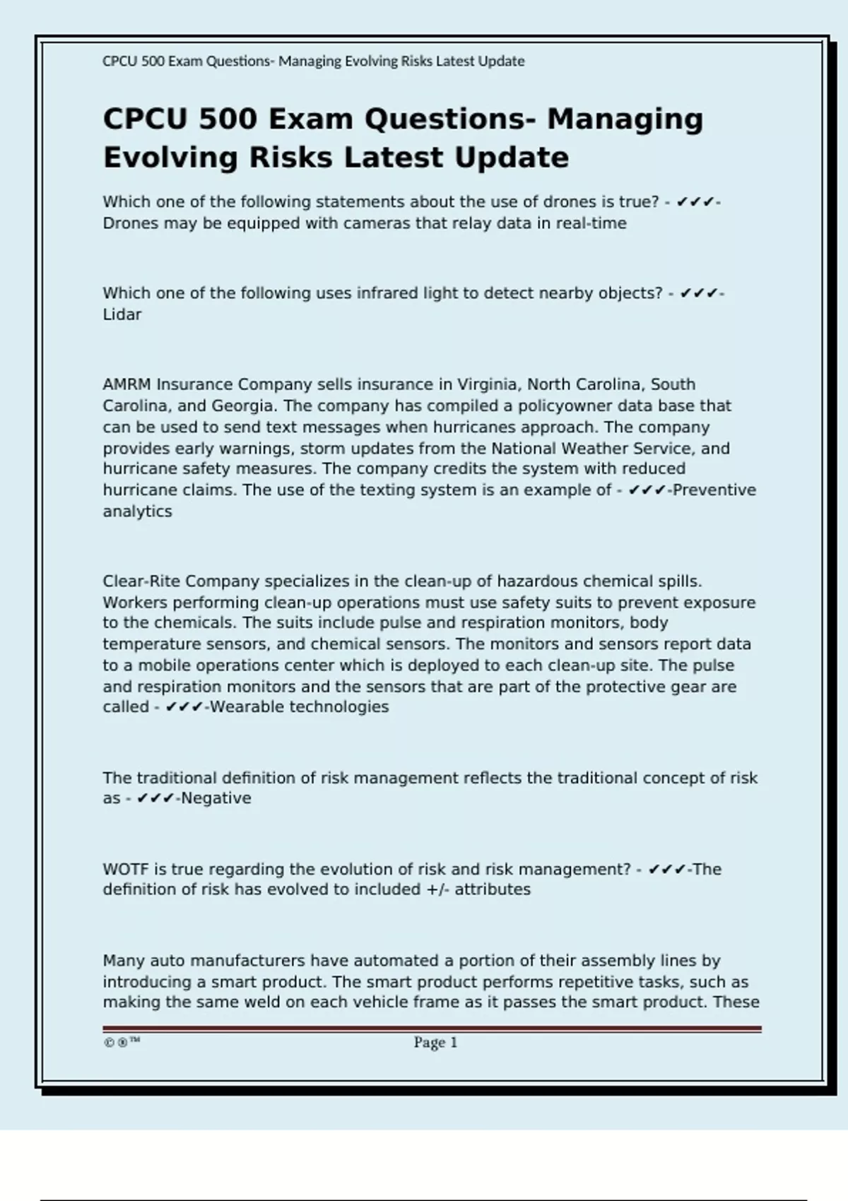 CPCU 500 Exam Questions- Managing Evolving Risks Latest Update - CPCU ...