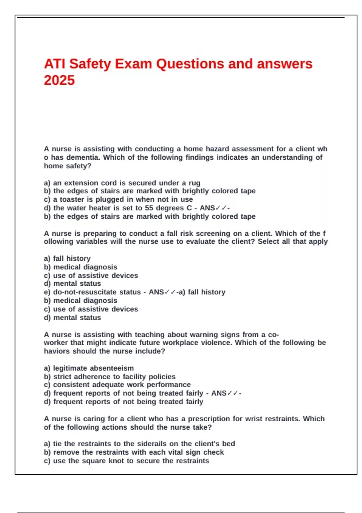 ATI Safety Exam Questions and answers 2025. - ATI - Stuvia US