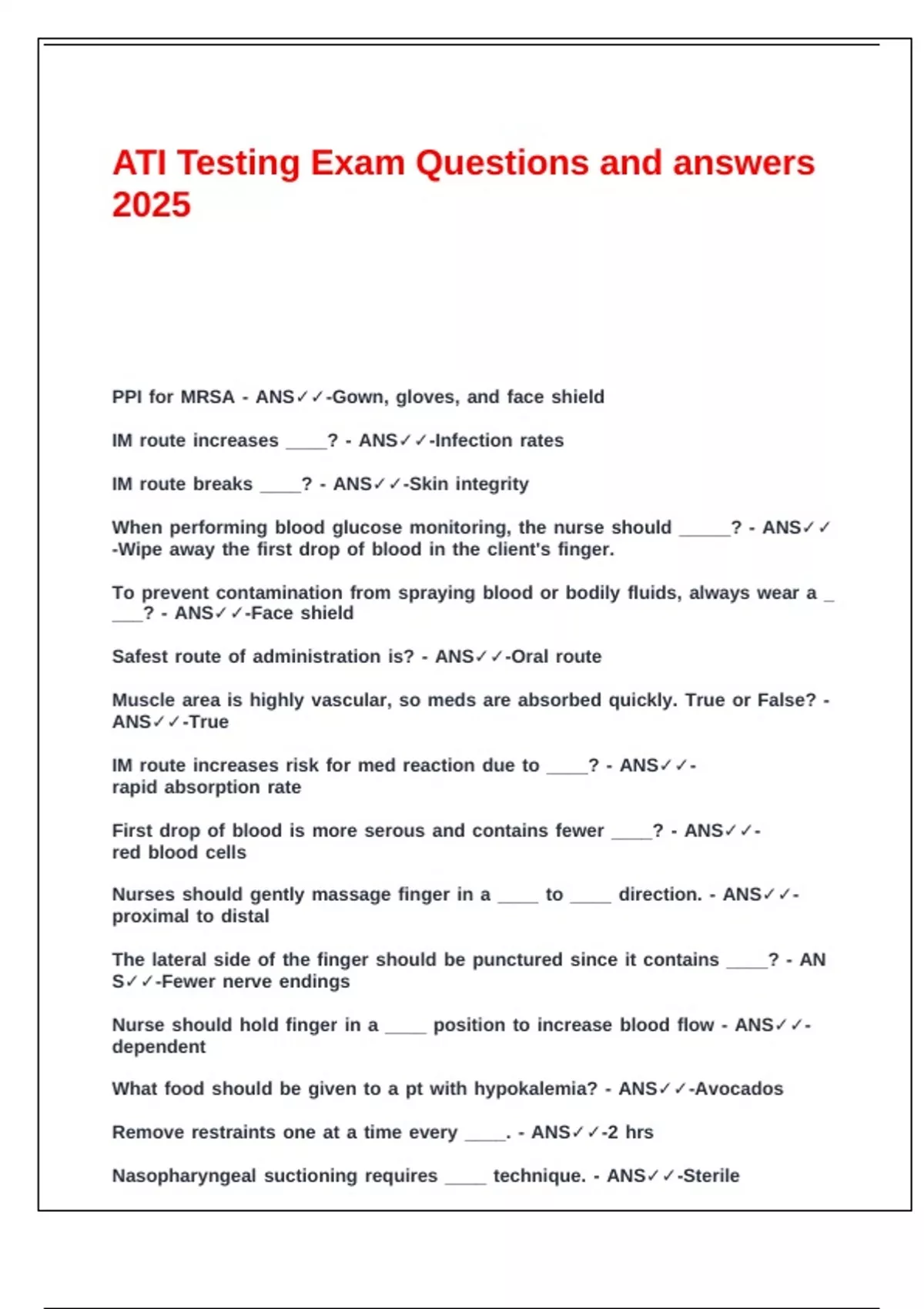 ATI Testing Exam Questions and answers 2025. - ATI - Stuvia US