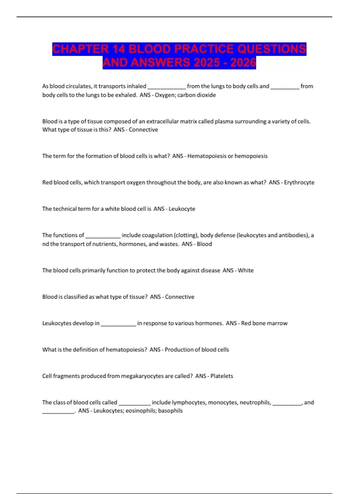 CHAPTER 14 BLOOD PRACTICE QUESTIONS AND ANSWERS - Practice RBC 2 ...