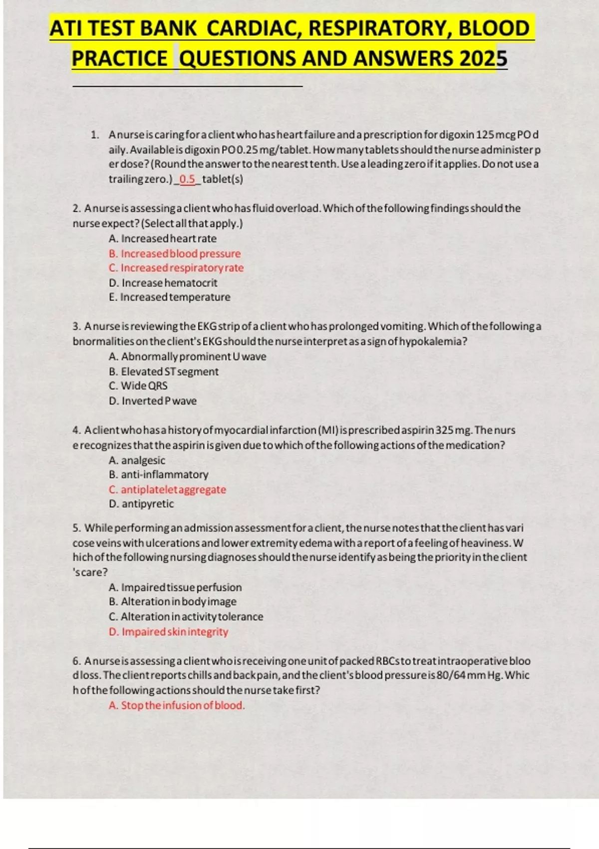 ATI TEST BANK CARDIAC, RESPIRATORY, BLOOD PRACTICE QUESTIONS AND ...