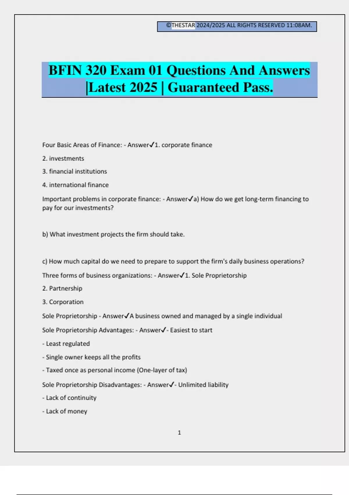 BFIN 320 Exam 01 Questions And Answers |Latest 2025 | Guaranteed Pass ...