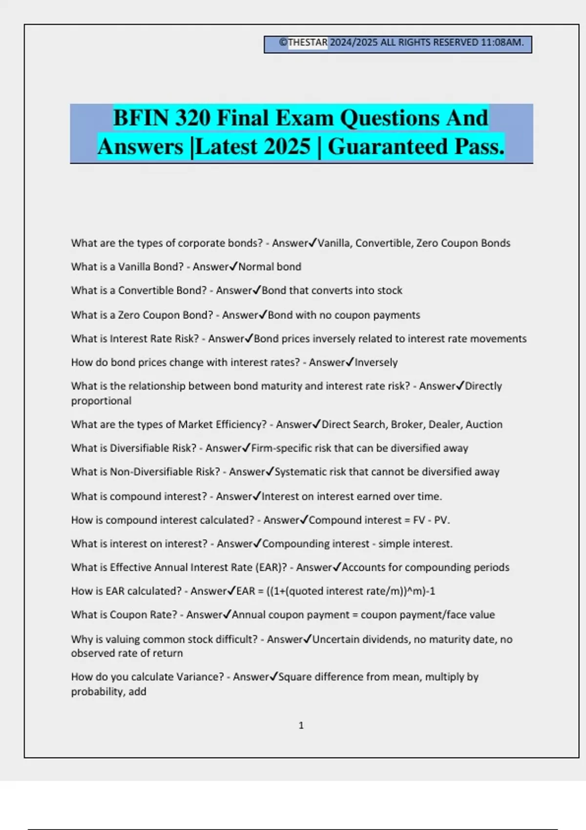 BFIN 320 Final Exam Questions And Answers |Latest 2025 | Guaranteed ...